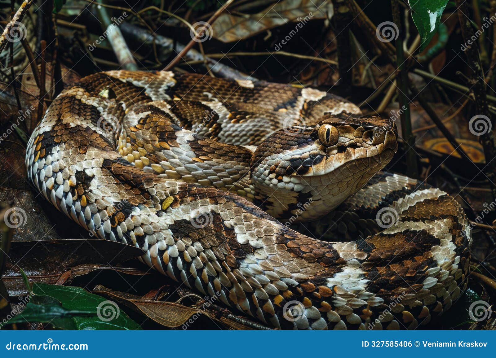 A Rare, Vividly Patterned Gaboon Viper Coiled In The Underbrush Of A ...