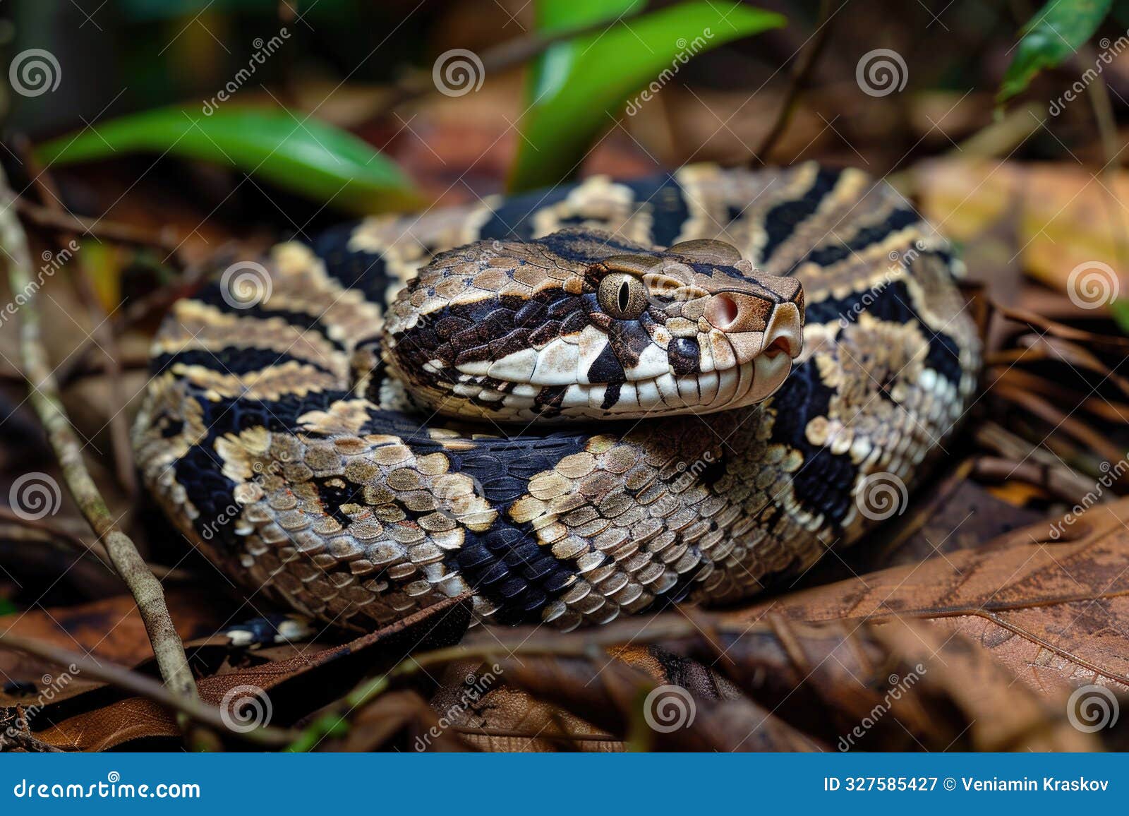 A Rare, Vividly Patterned Gaboon Viper Coiled in the Underbrush of a ...
