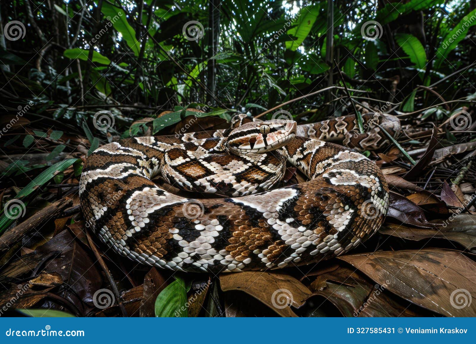 A Rare, Vividly Patterned Gaboon Viper Coiled In The Underbrush Of A ...