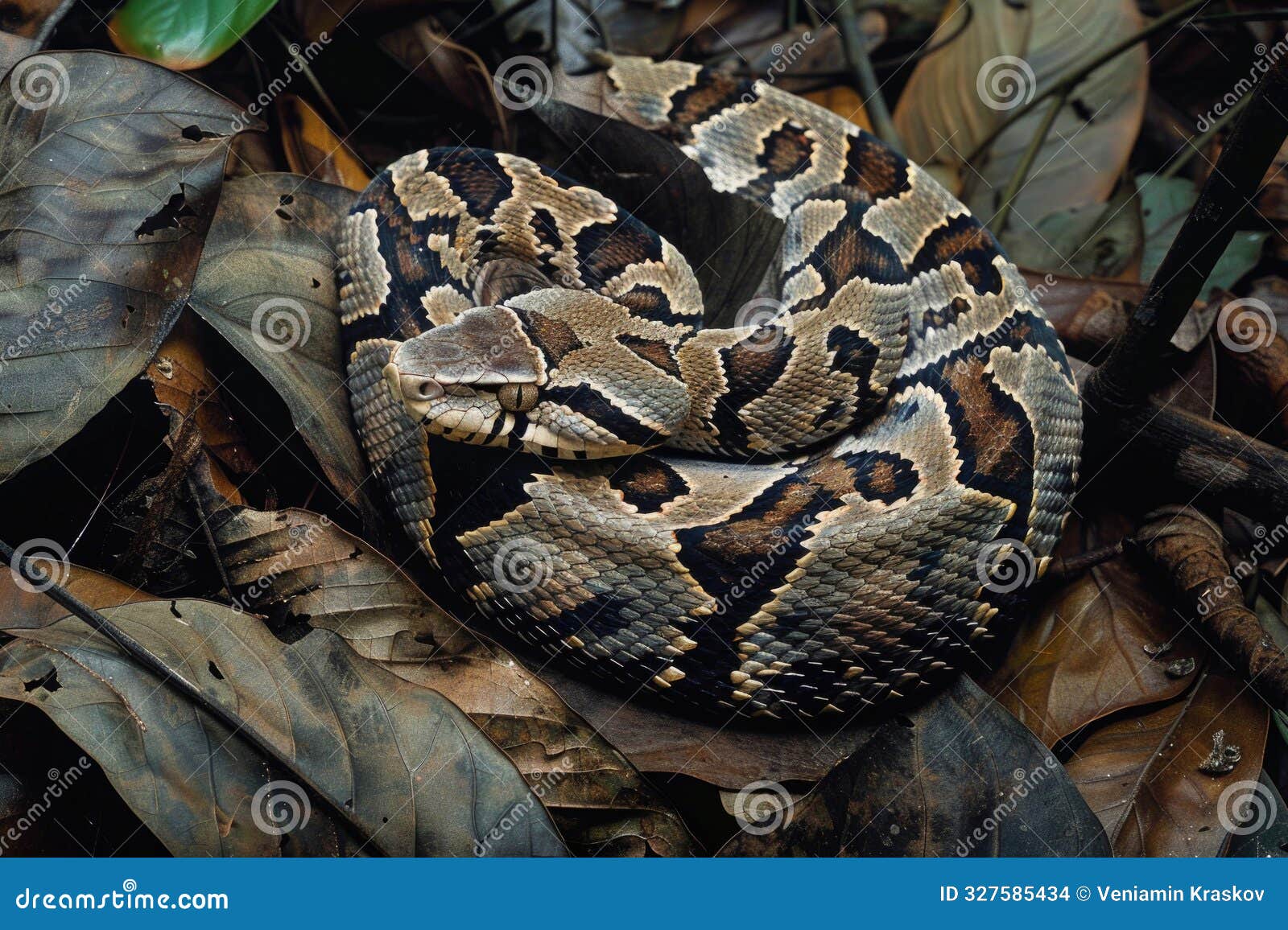 A Rare, Vividly Patterned Gaboon Viper Coiled In The Underbrush Of A ...