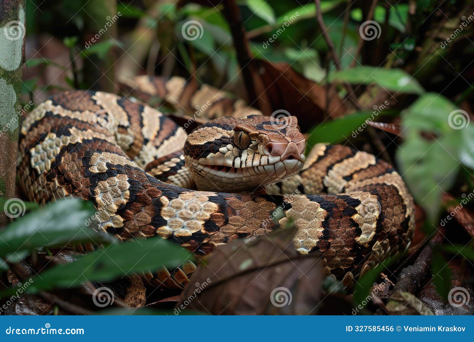 A Rare, Vividly Patterned Gaboon Viper Coiled In The Underbrush Of A ...