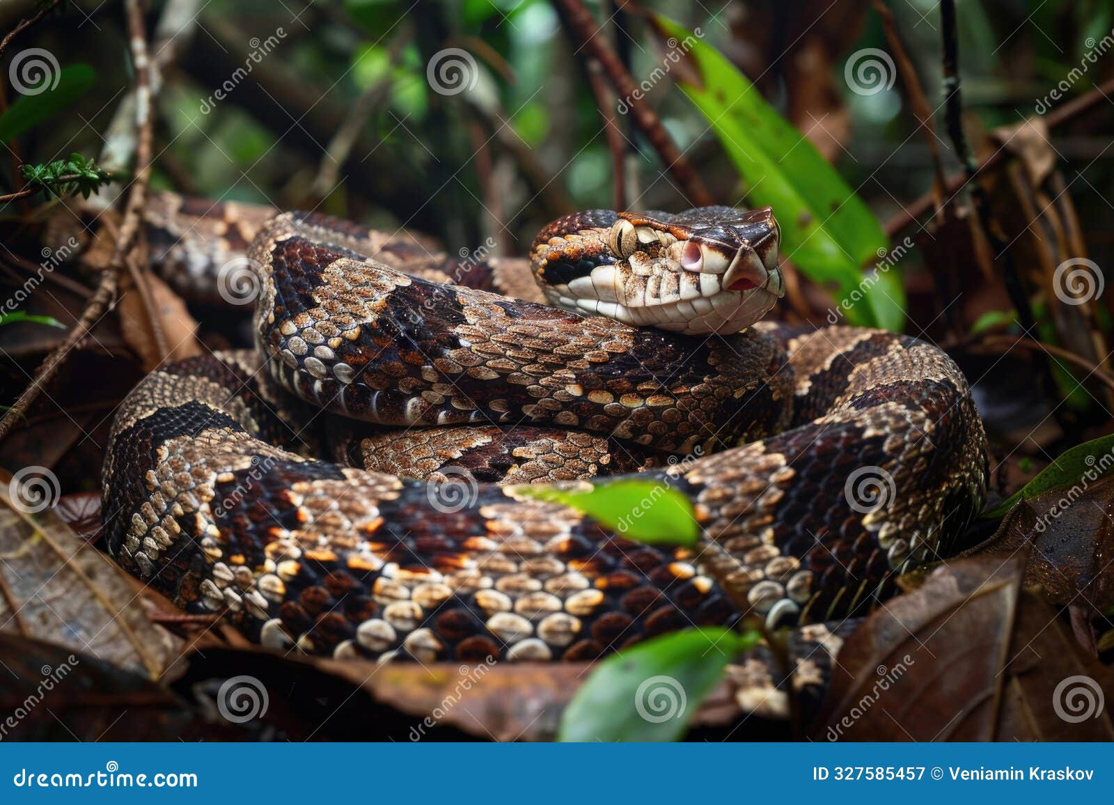 A Rare, Vividly Patterned Gaboon Viper Coiled In The Underbrush Of A ...