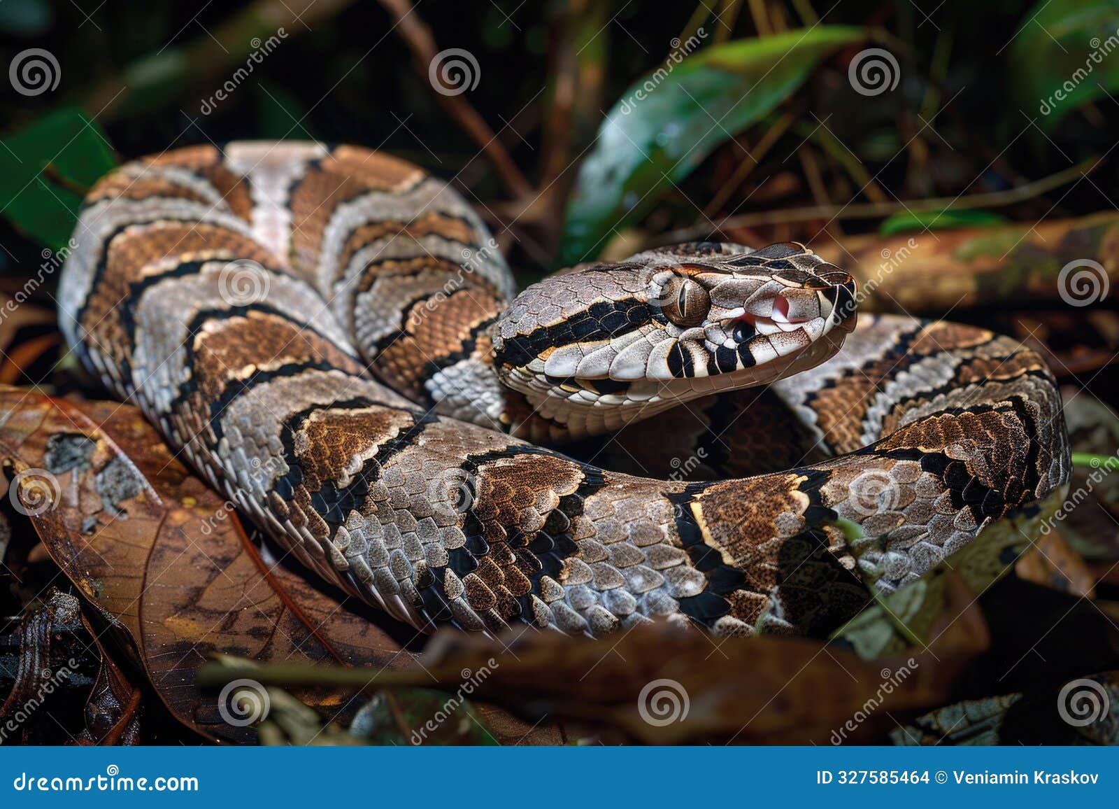 A Rare, Vividly Patterned Gaboon Viper Coiled In The Underbrush Of A ...