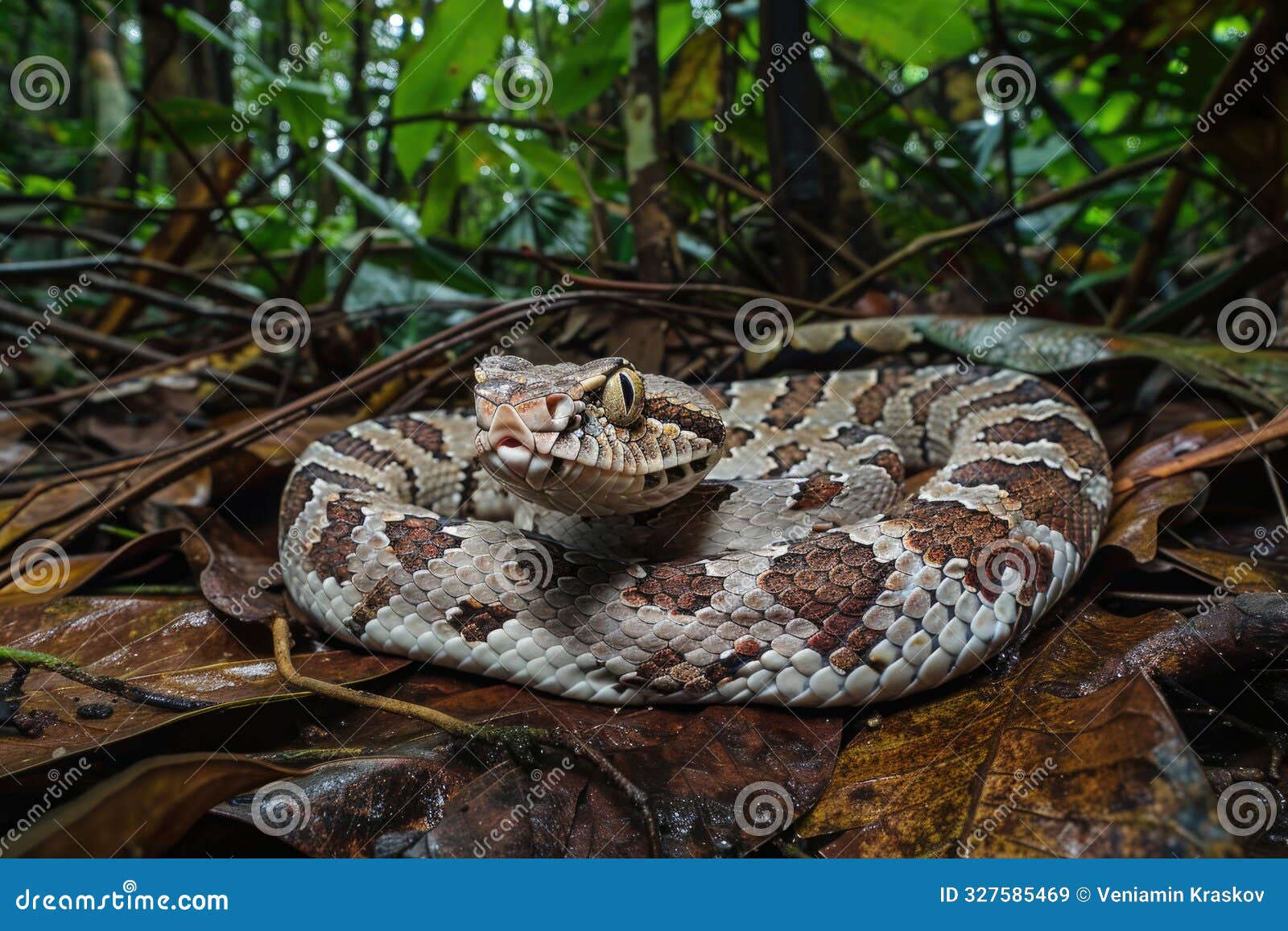 A Rare, Vividly Patterned Gaboon Viper Coiled in the Underbrush of a ...