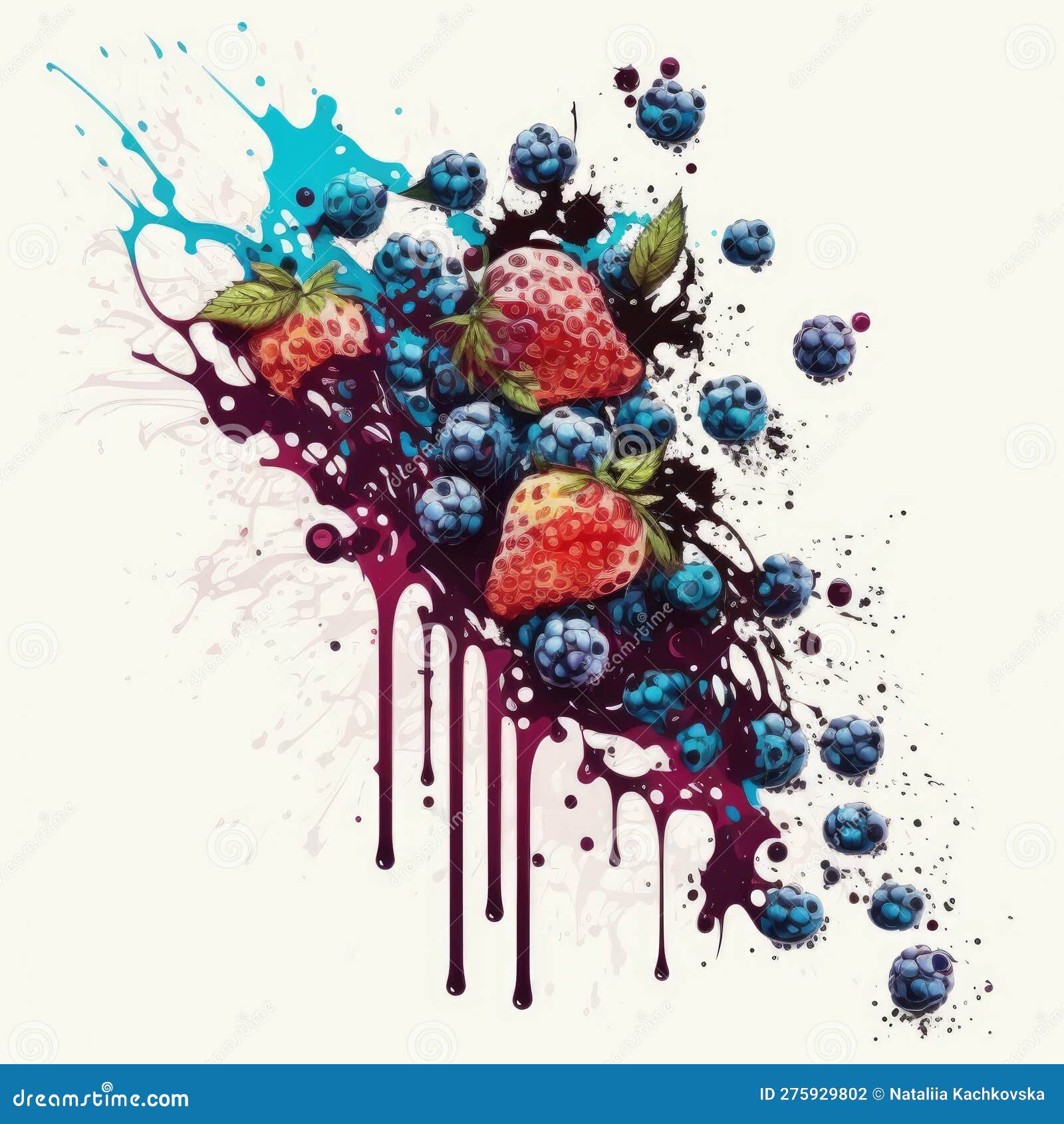 Raspberries, Blueberries, Blackberries with Paint Splashes Stock ...