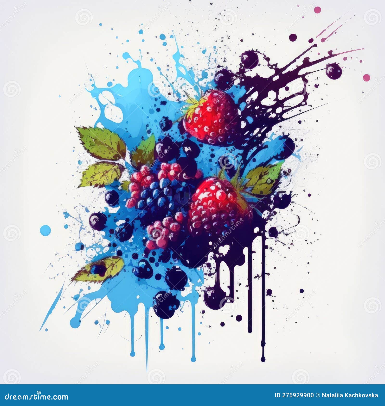 Raspberries, Blueberries, Blackberries with Paint Splashes Stock ...