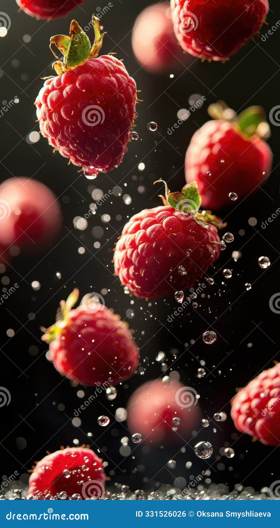Raspberries Falling into Water with Splashing Droplets Stock Photo ...