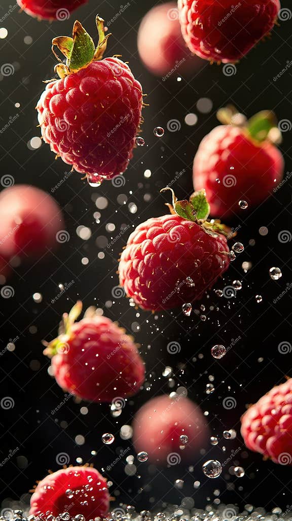 Raspberries Falling into Water with Splashing Droplets Stock Photo ...