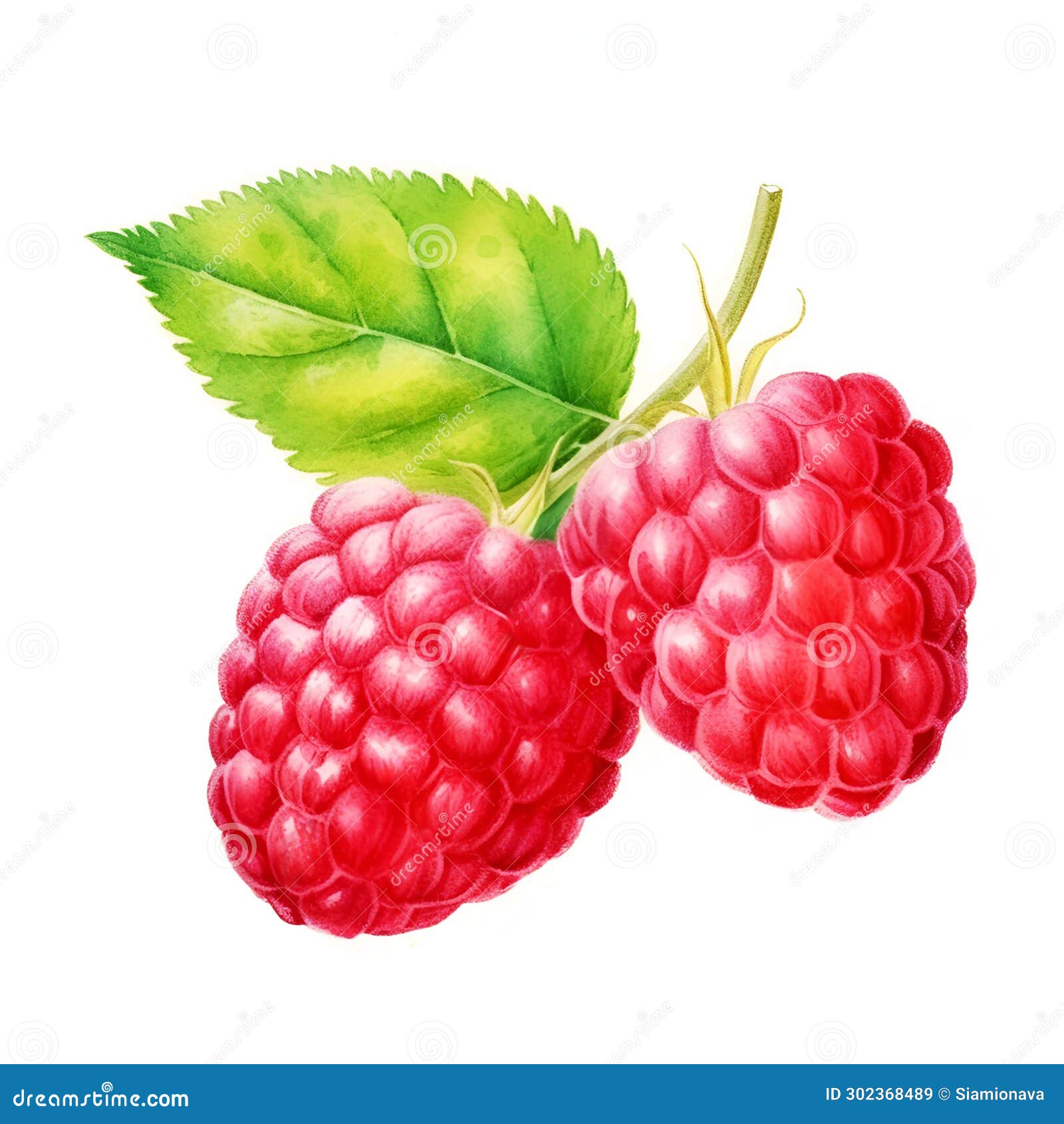 Raspberries with Leafs, on White Background, Watercolor Illustration ...