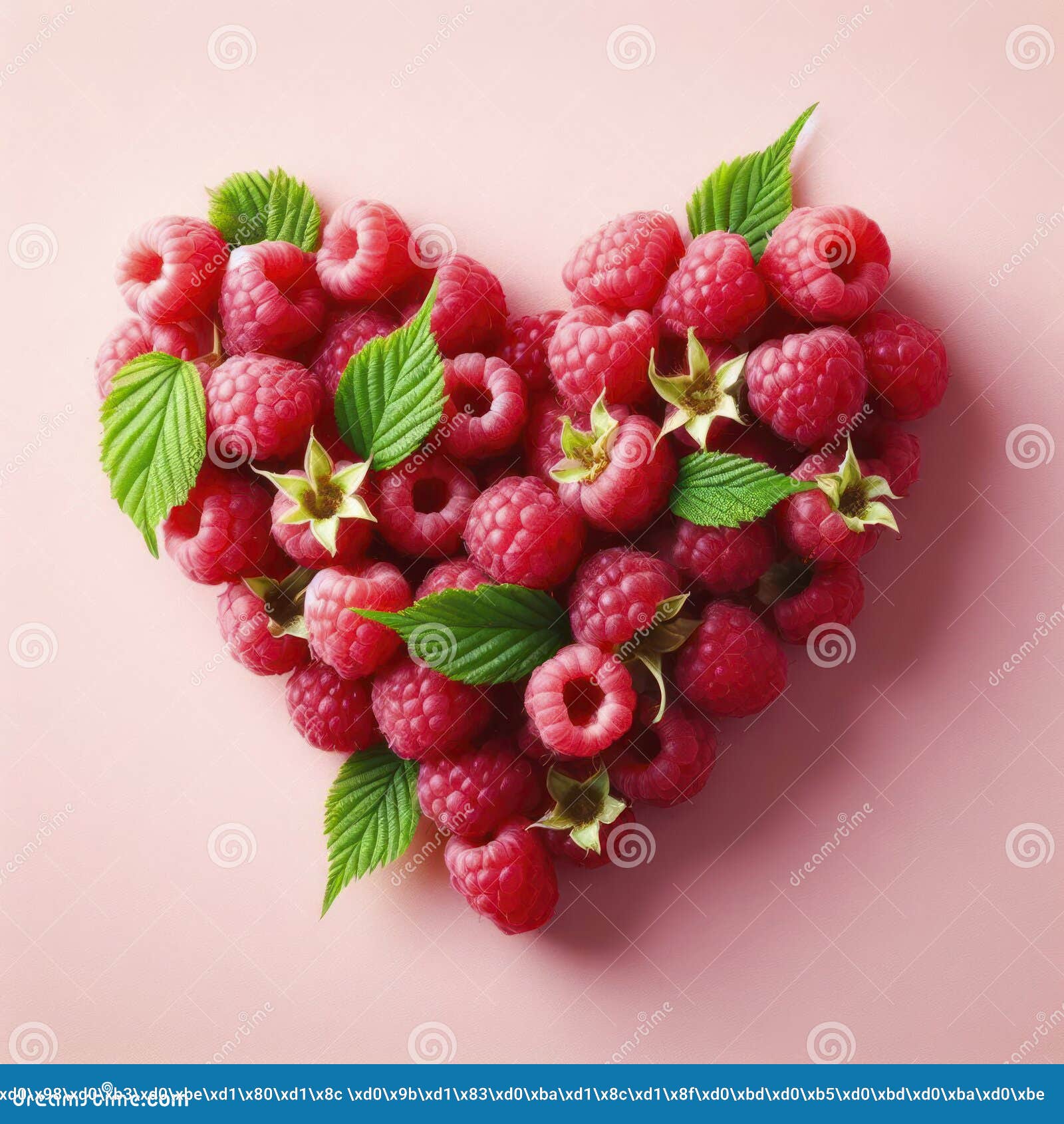 Raspberries in Shape of Heart with Leaves on Pink Background. Ai ...