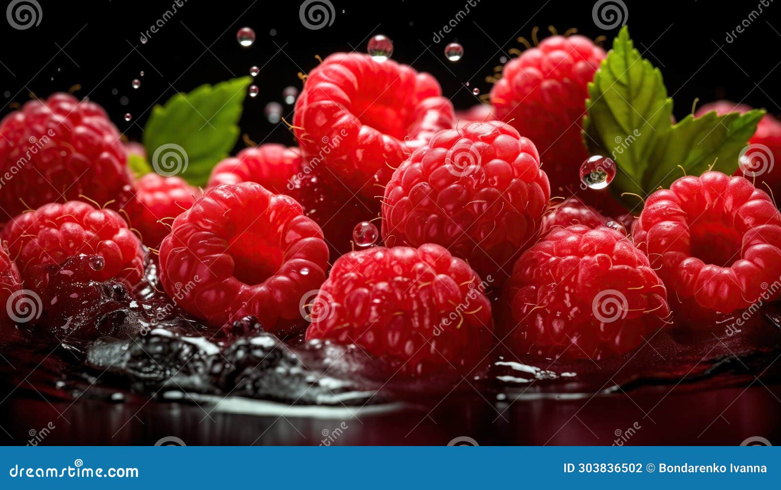 Raspberries with Splashes and Water Drops on Dark Background Stock ...