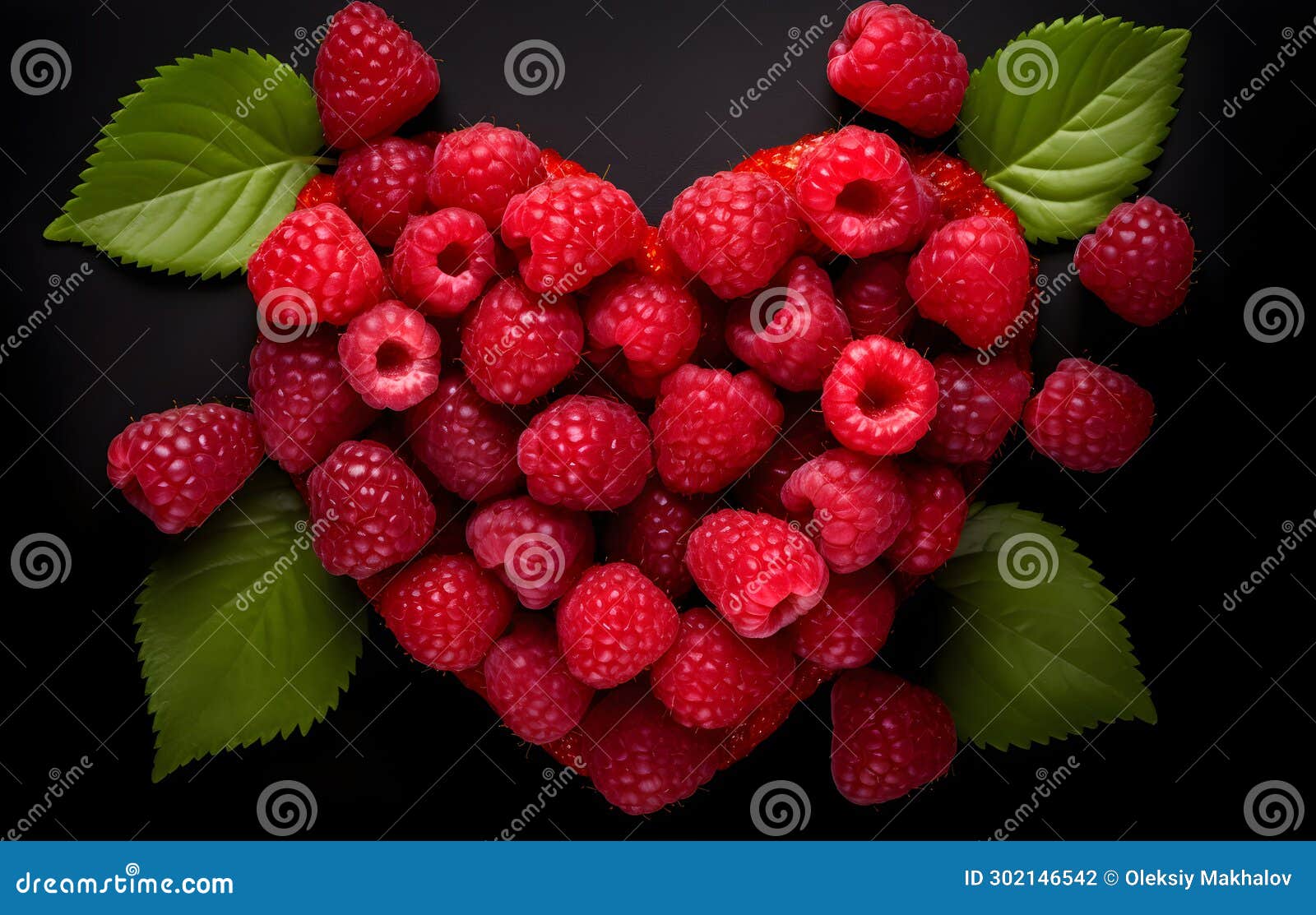 Raspberry Berry Heart Shape with Leaves Isolated on Dark Background Top ...