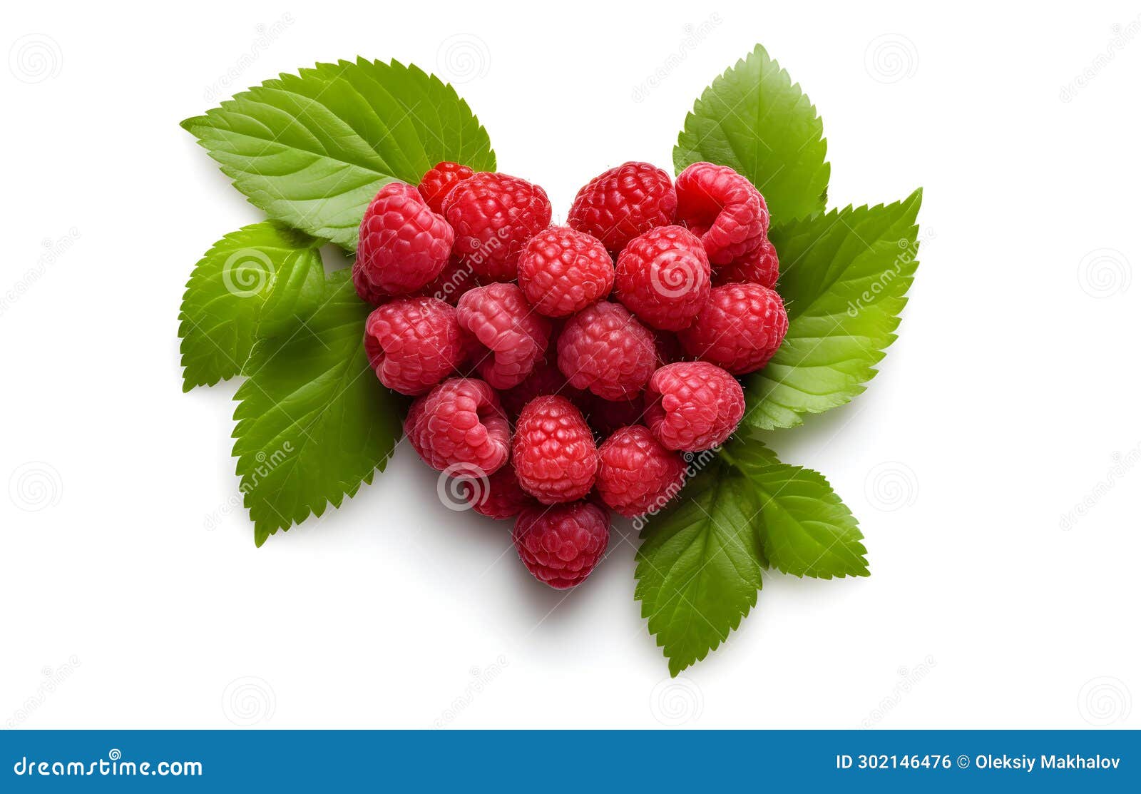 Raspberry Berry Heart Shape with Leaves Isolated on White Background ...