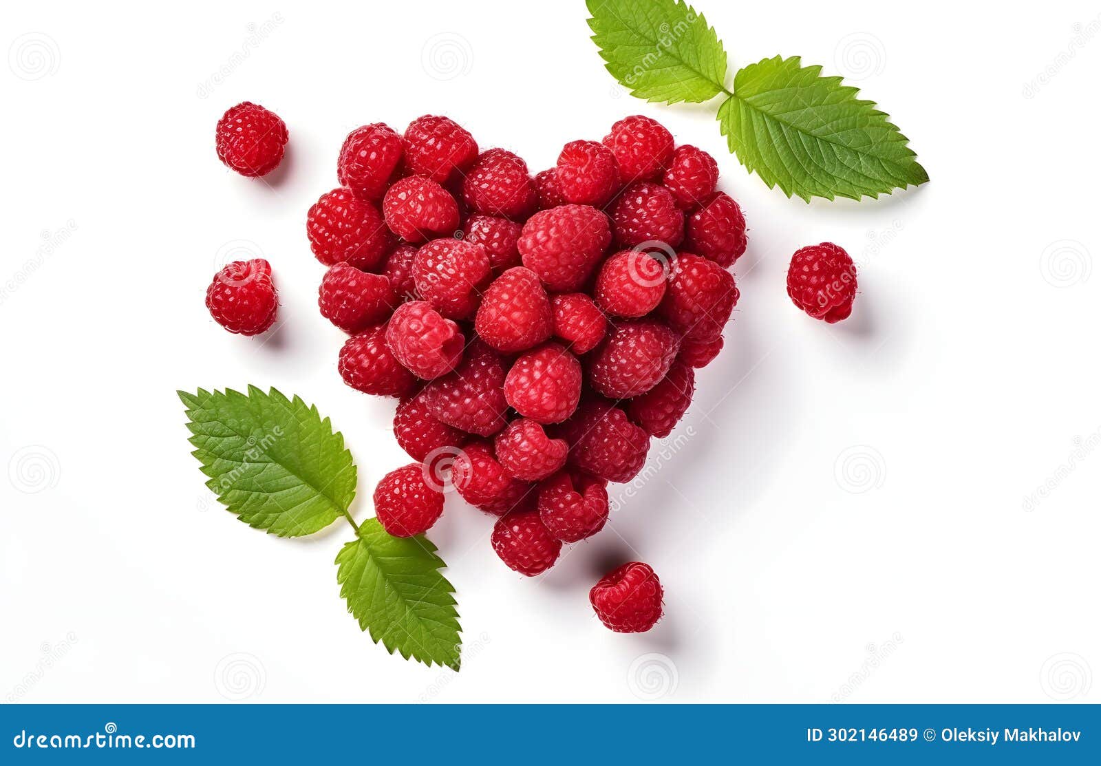 Raspberry Berry Heart Shape with Leaves Isolated on White Background ...