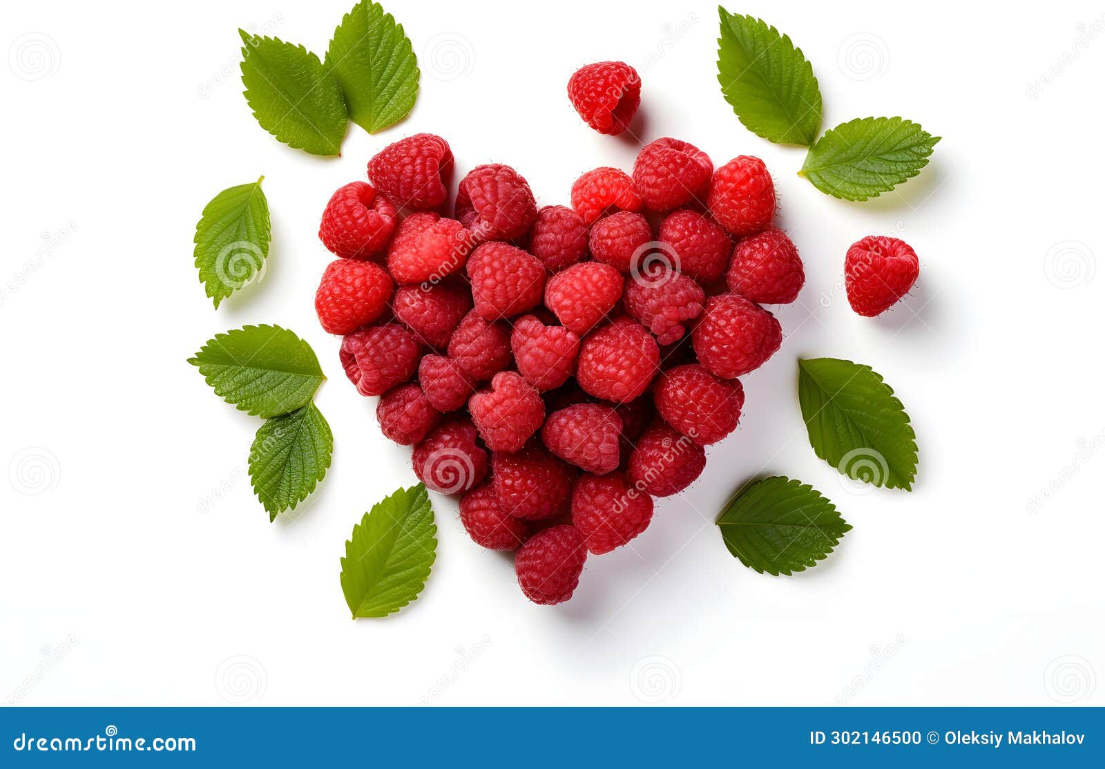 Raspberry Berry Heart Shape with Leaves Isolated on White Background ...