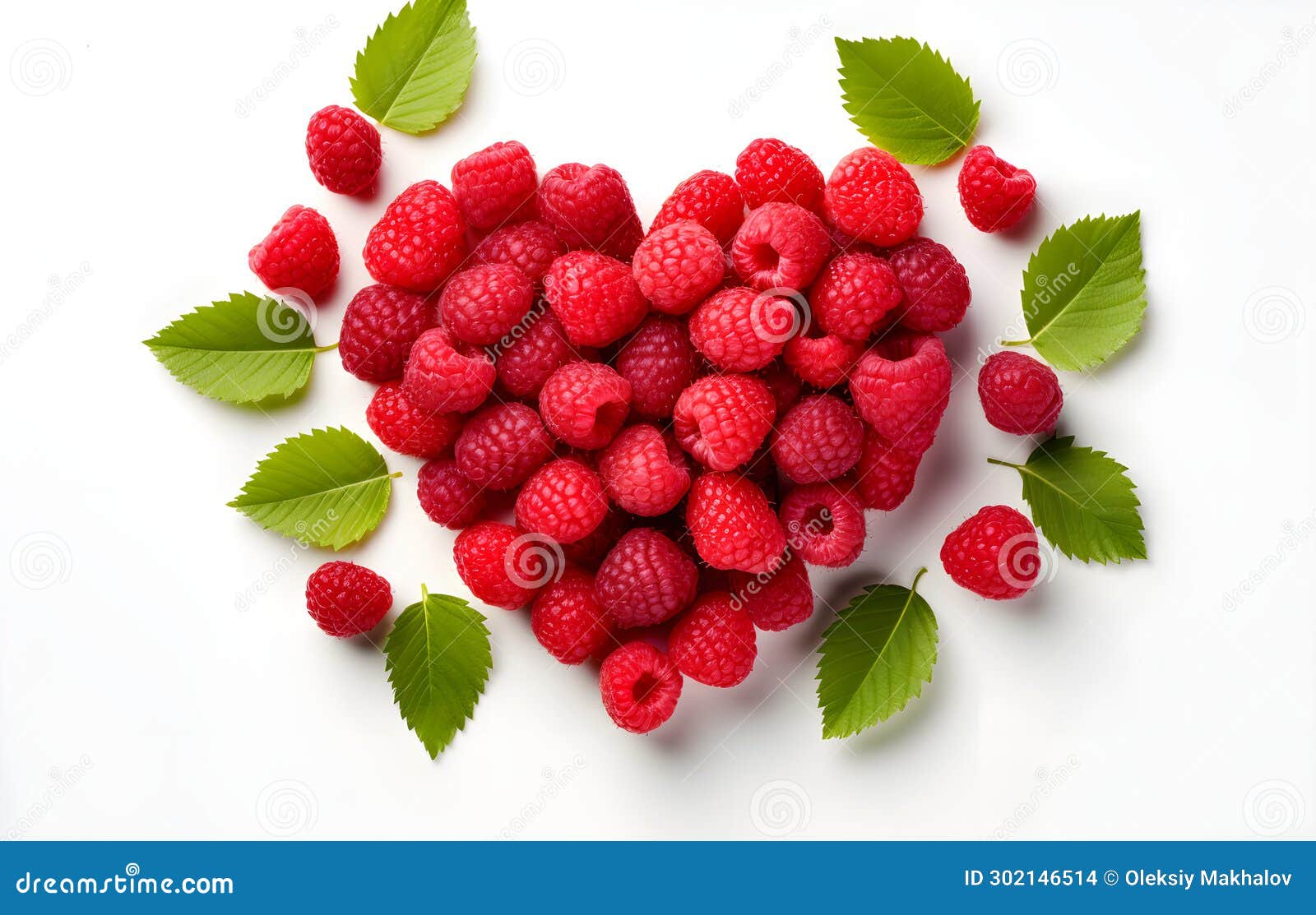 Raspberry Berry Heart Shape with Leaves Isolated on White Background ...