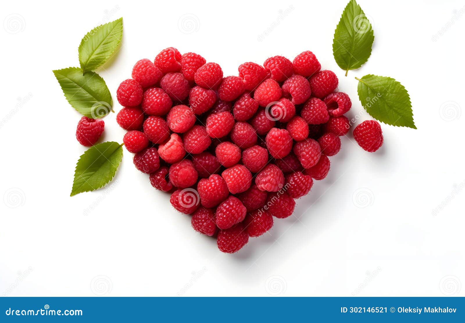 Raspberry Berry Heart Shape with Leaves Isolated on White Background ...