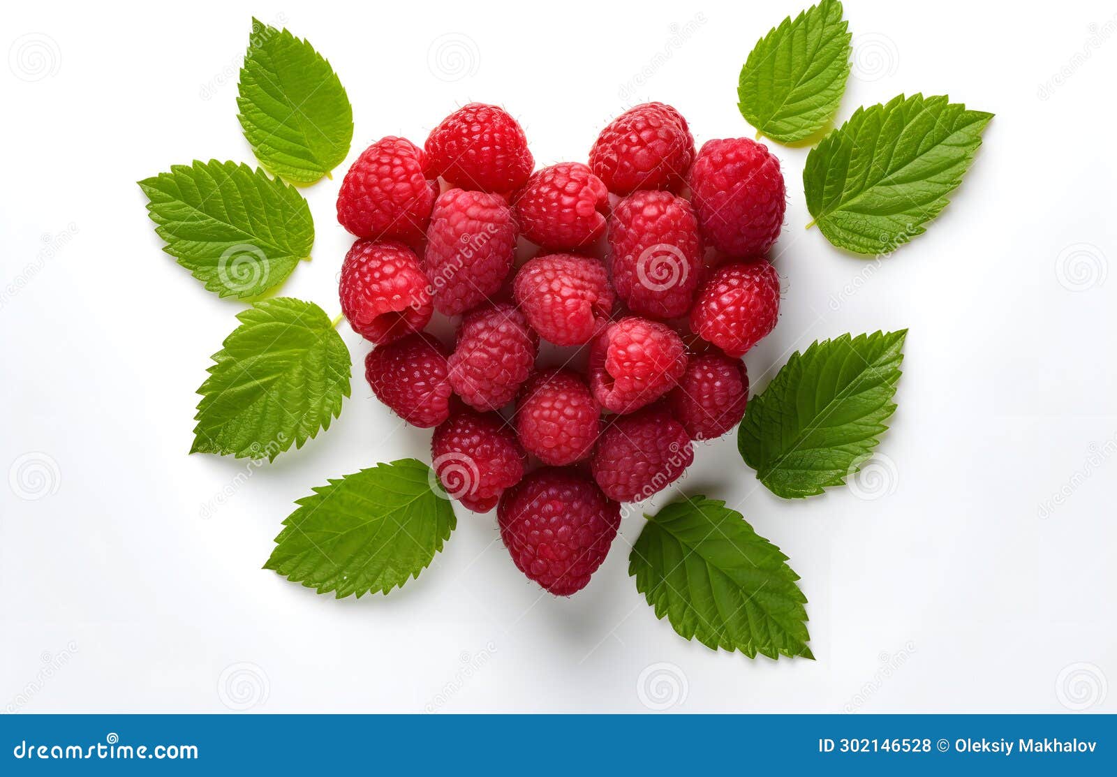 Raspberry Berry Heart Shape with Leaves Isolated on White Background ...