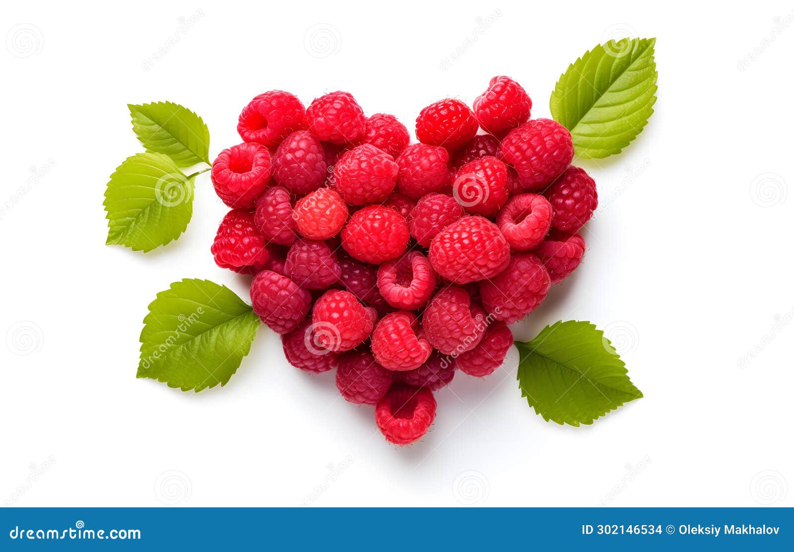 Raspberry Berry Heart Shape with Leaves Isolated on White Background ...