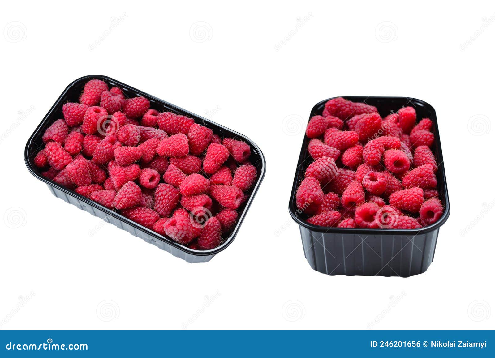Raspberry in Black Container Isolated on White Background Stock Photo ...