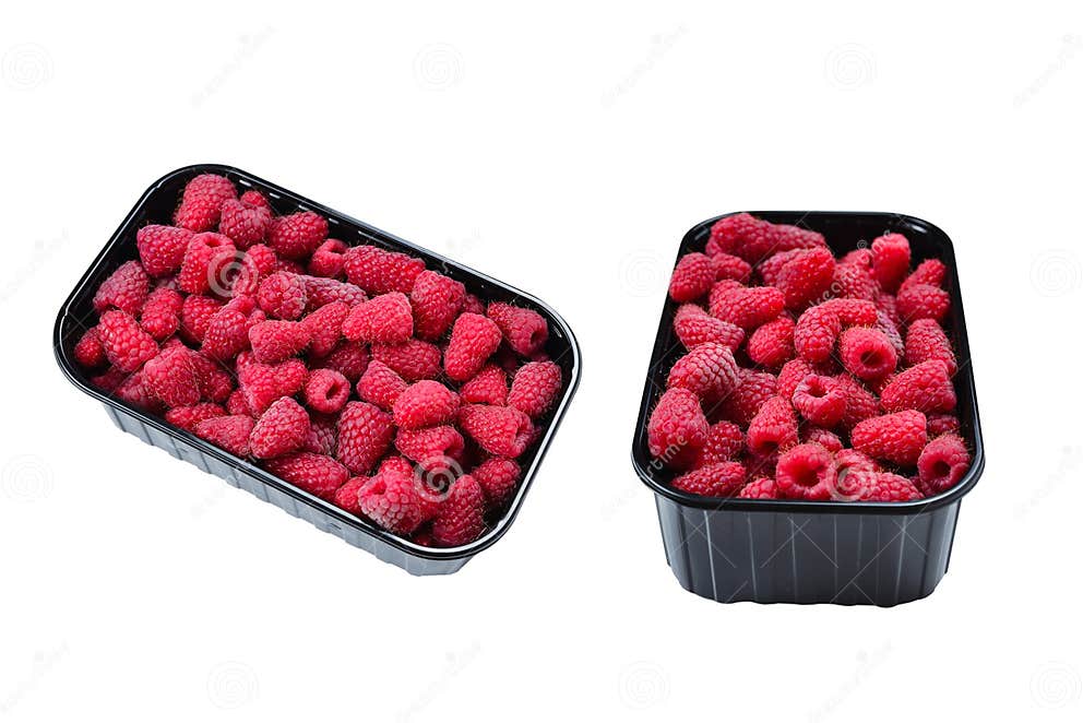 Raspberry in Black Container Isolated on White Background Stock Photo ...