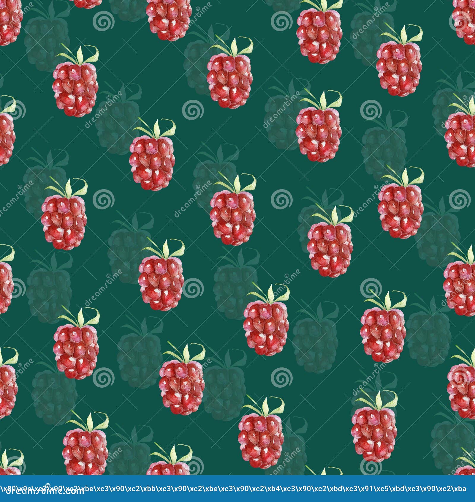 Raspberry on Blue Watercolor Seamless Pattern Stock Illustration ...