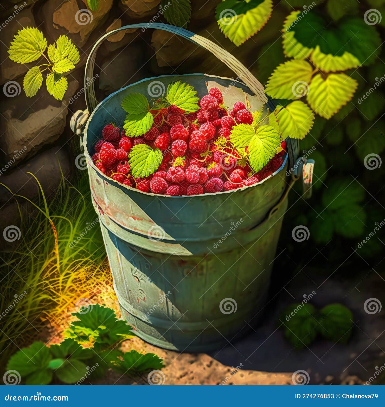 Raspberry Bucket in the Garden. Close Up. Generative Ai Stock ...