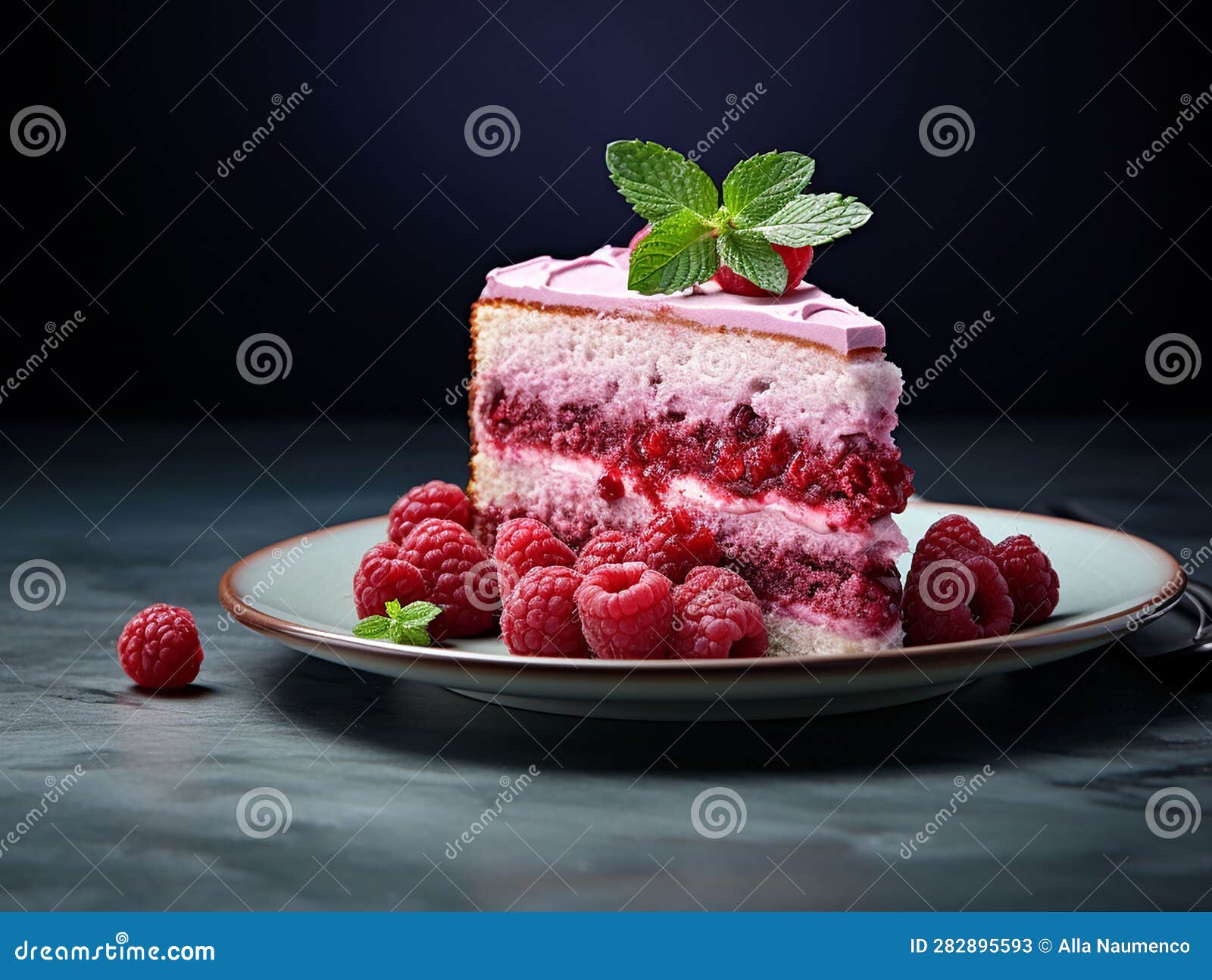 Raspberry Cake Decorated with Fruit on a Dark Background Stock ...