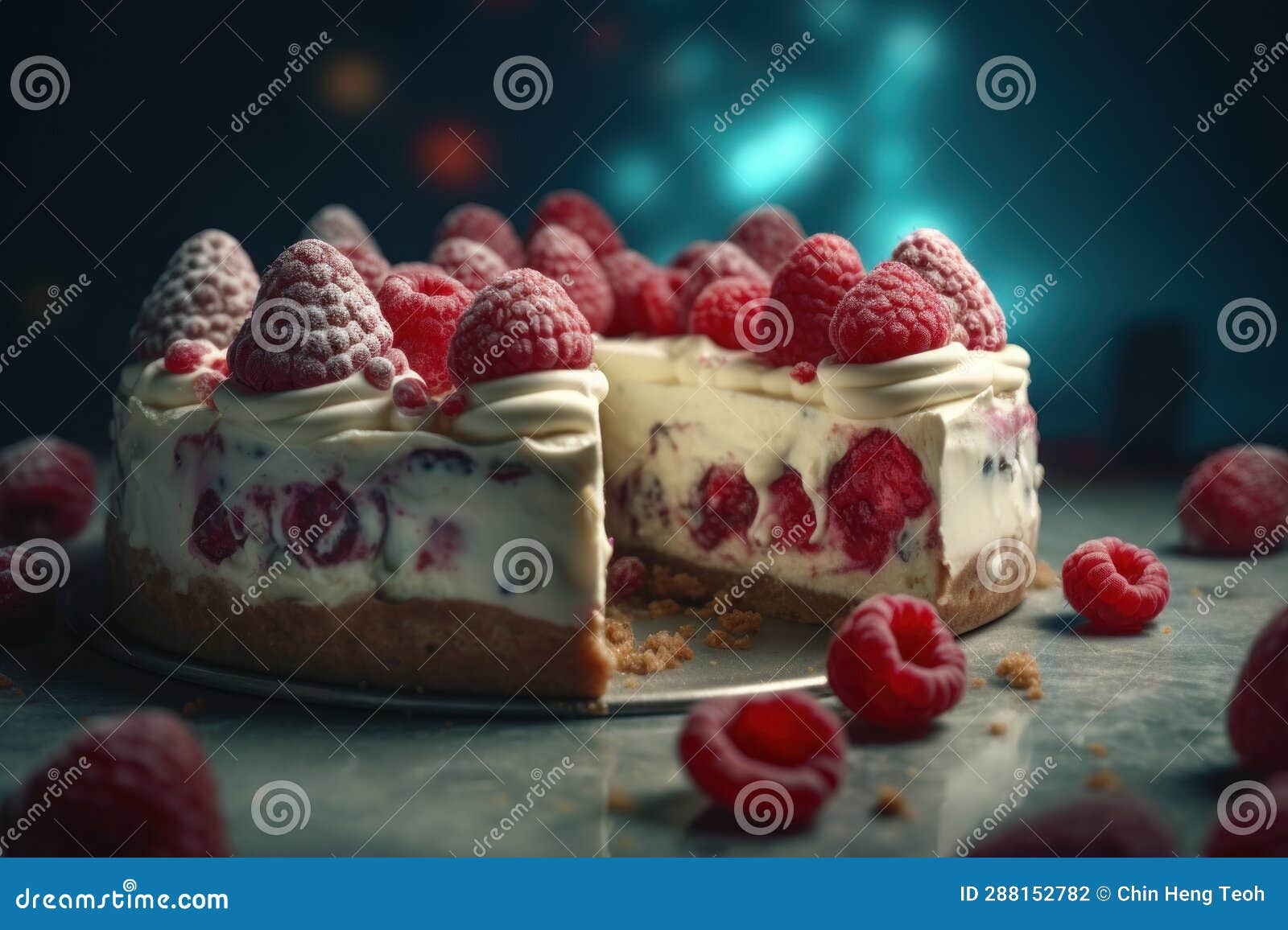 Raspberry Cake with Whipped Cream and Fresh Raspberries, Selective ...