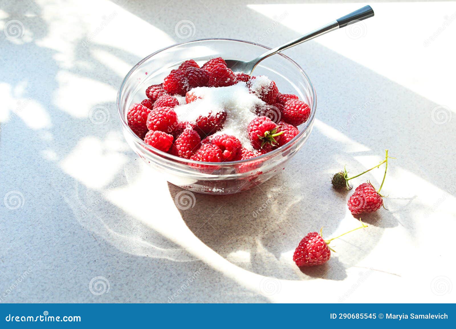 Raspberry Dessert: Ripe Raspberries with Sugar in a Glass Bowl on the ...