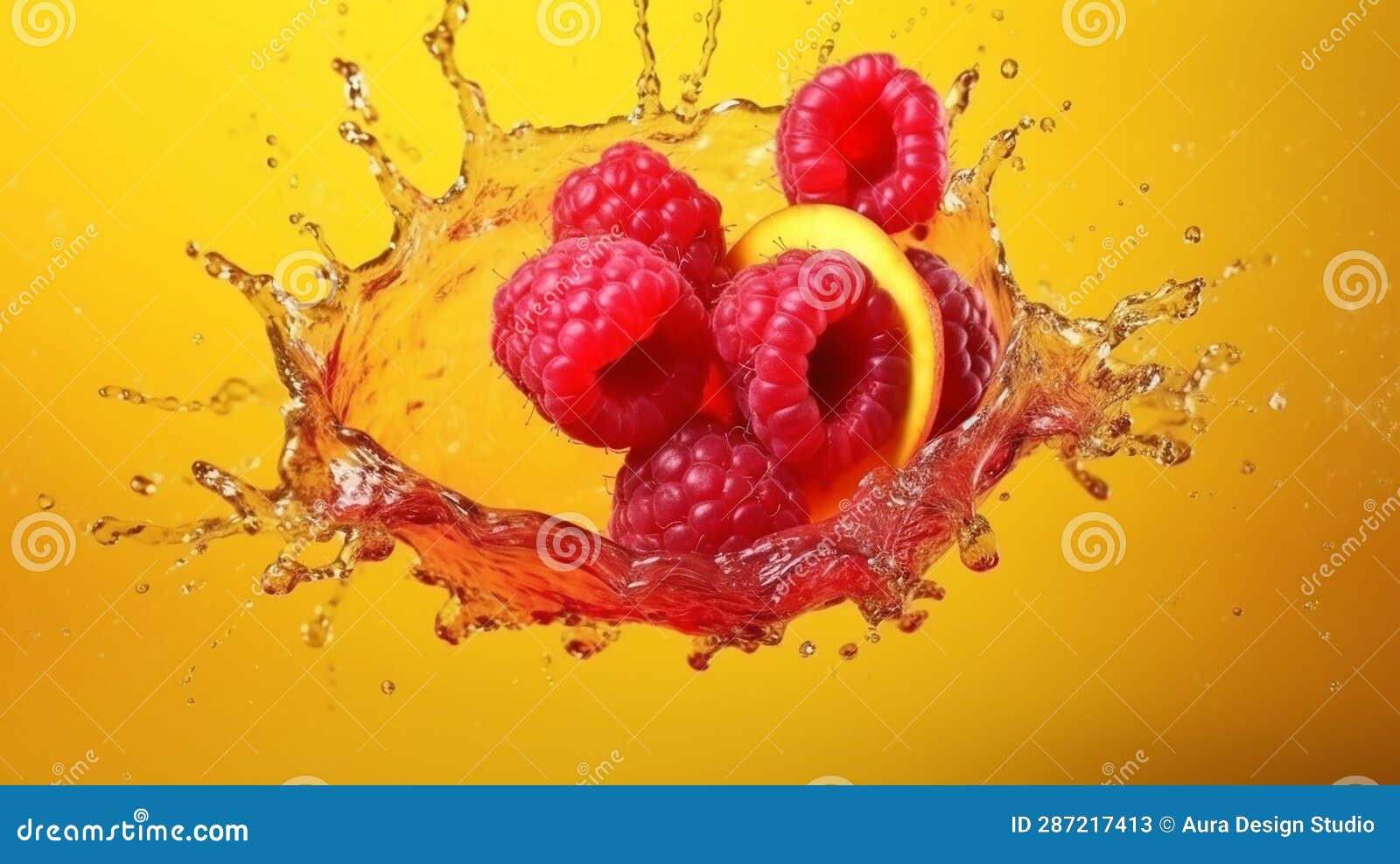 Raspberry Dropped on the Yellow Water Surface with Raspberry Slice and ...