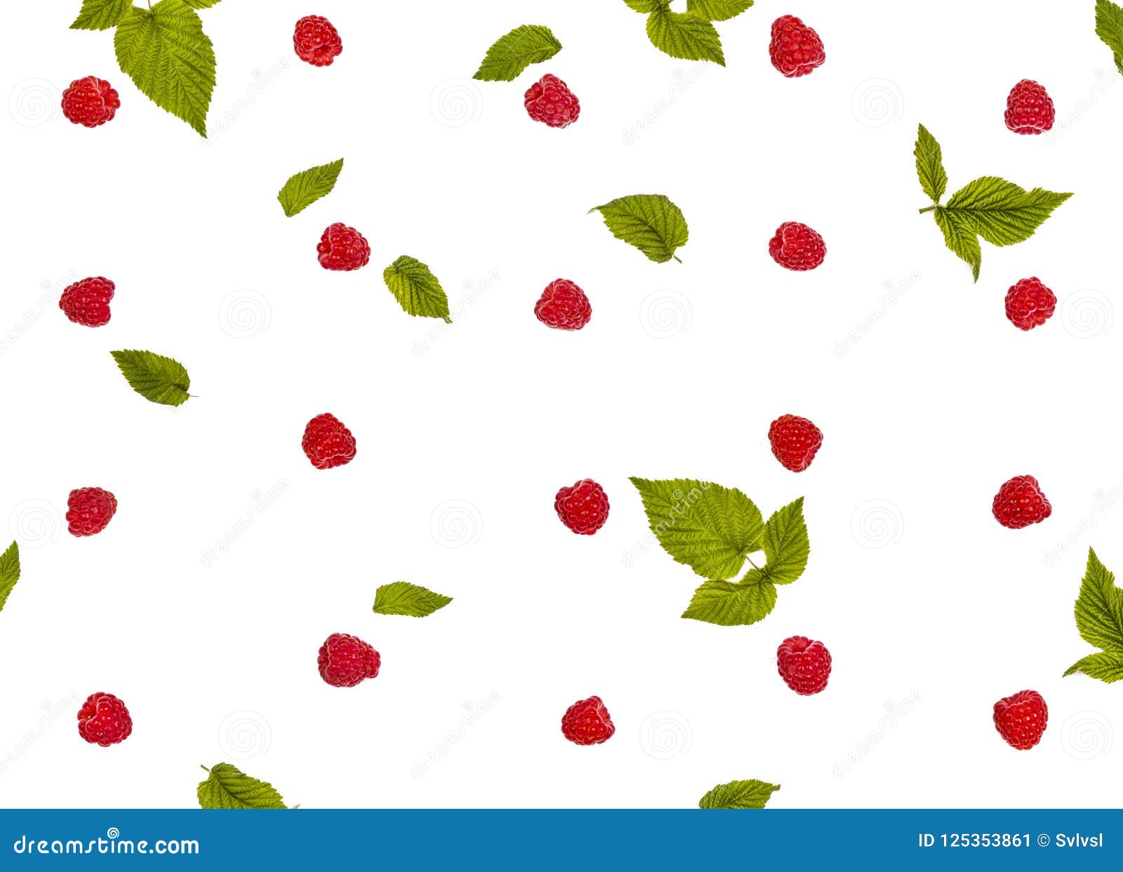 Raspberry and Green Leaves Pattern Isolated on White Background. Flat ...
