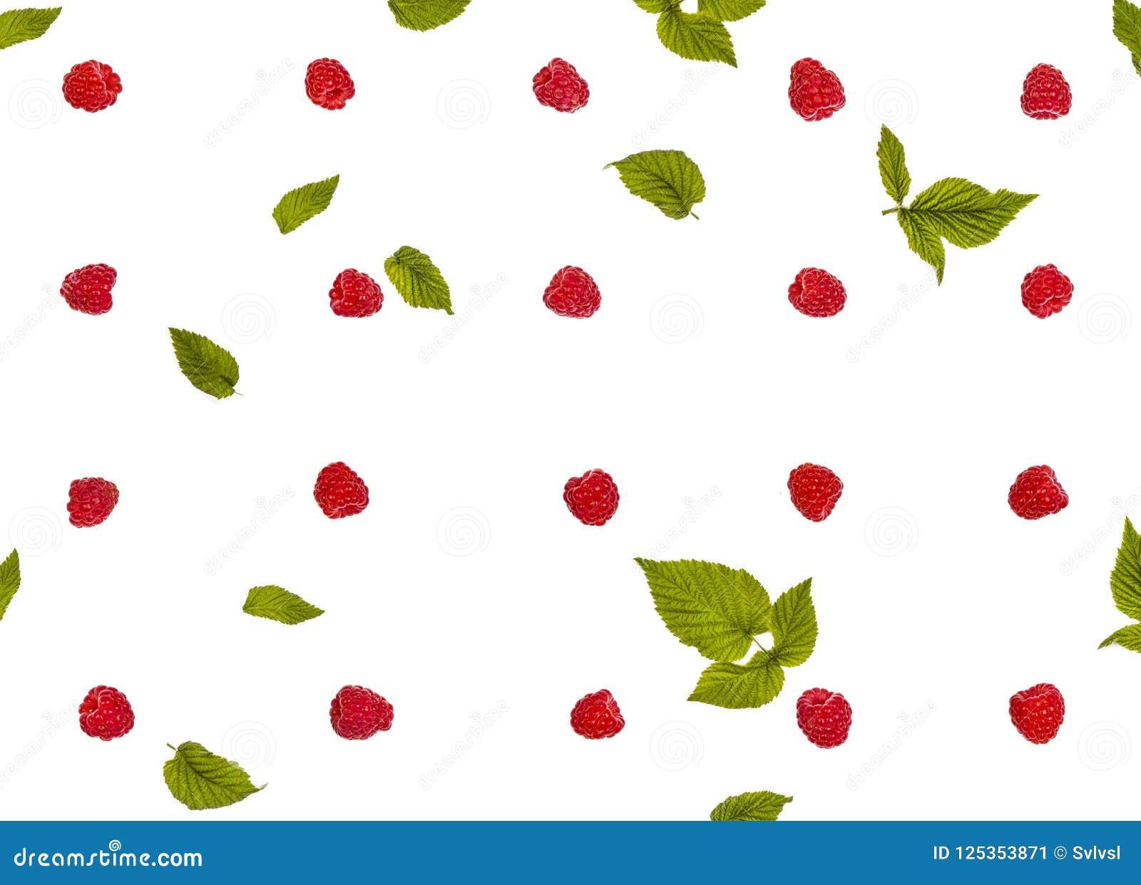Raspberry and Green Leaves Pattern Isolated on White Background. Flat ...