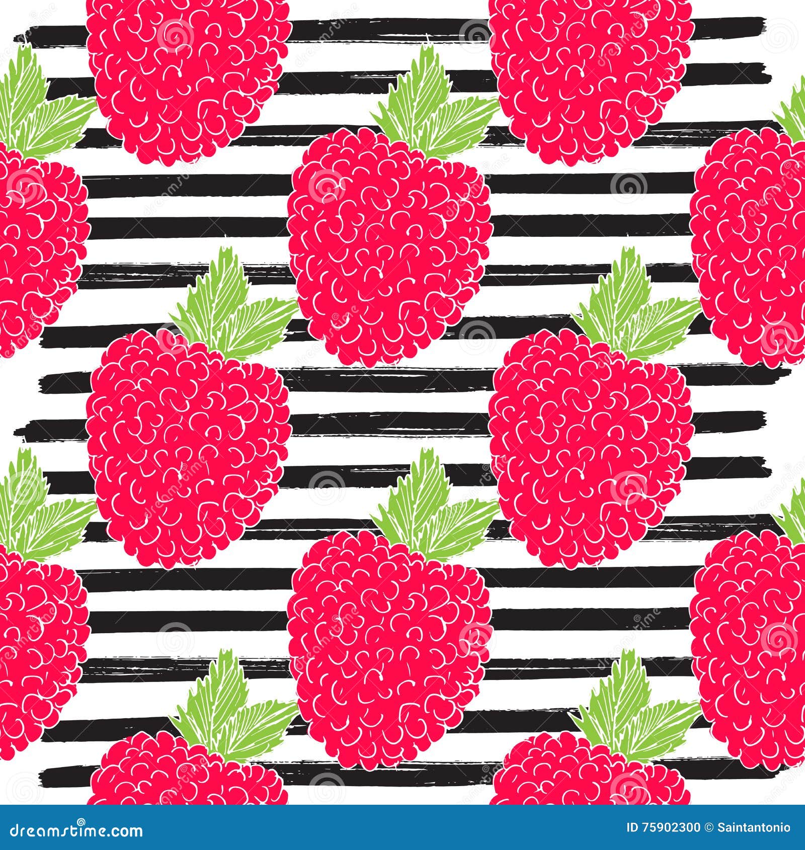 Raspberry Hand Drawn Sketch Striped Seamless Pattern. Vector ...