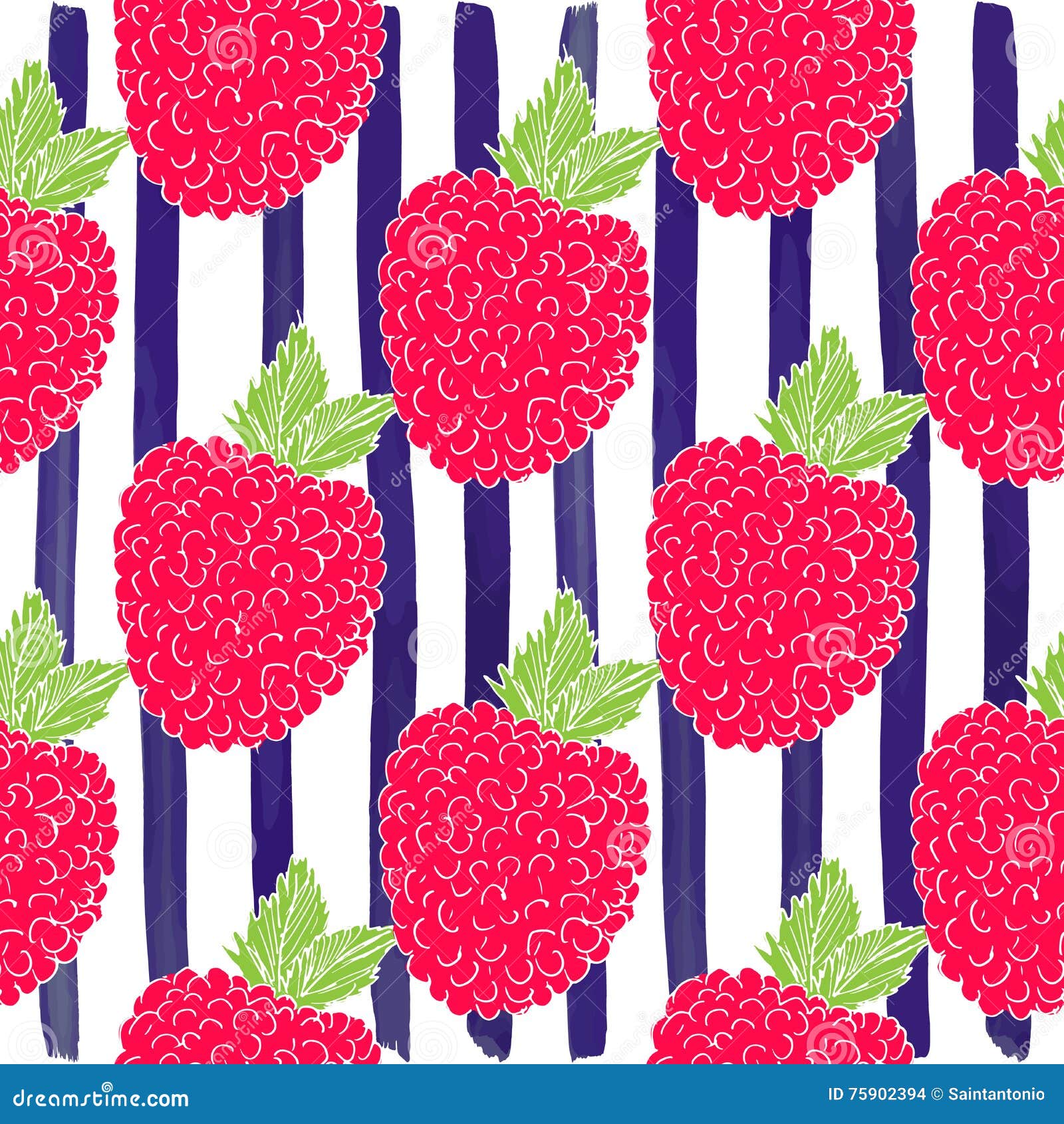 Raspberry Hand Drawn Sketch Striped Seamless Pattern. Vector Illustration Stock Vector ...