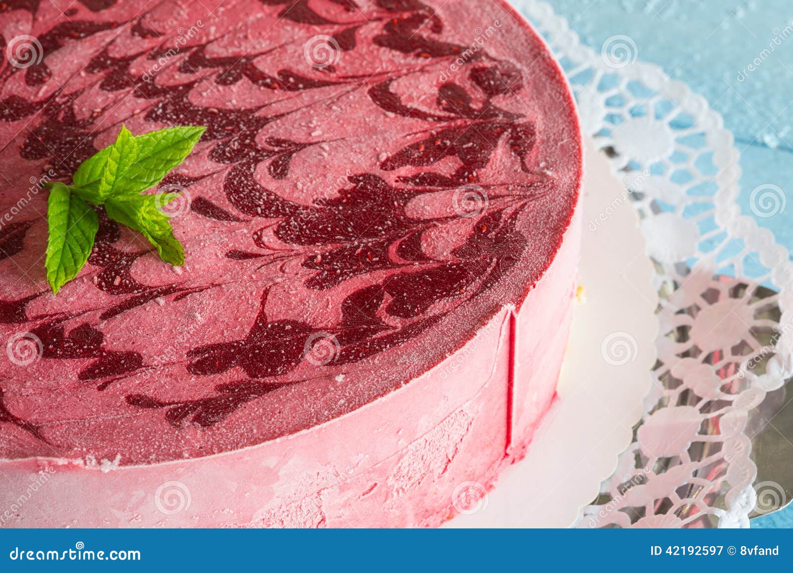 Raspberry Ice Cream Cake on Rustic Blue Wood Stock Image - Image of ...