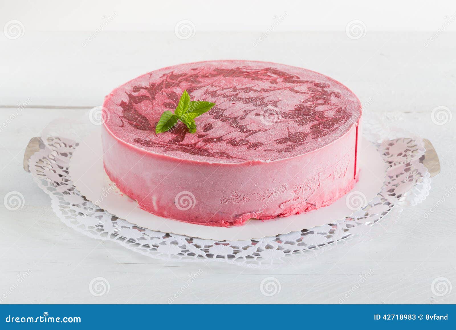 Raspberry Ice Cream Cake on White Rustic Wood Stock Image - Image of ...