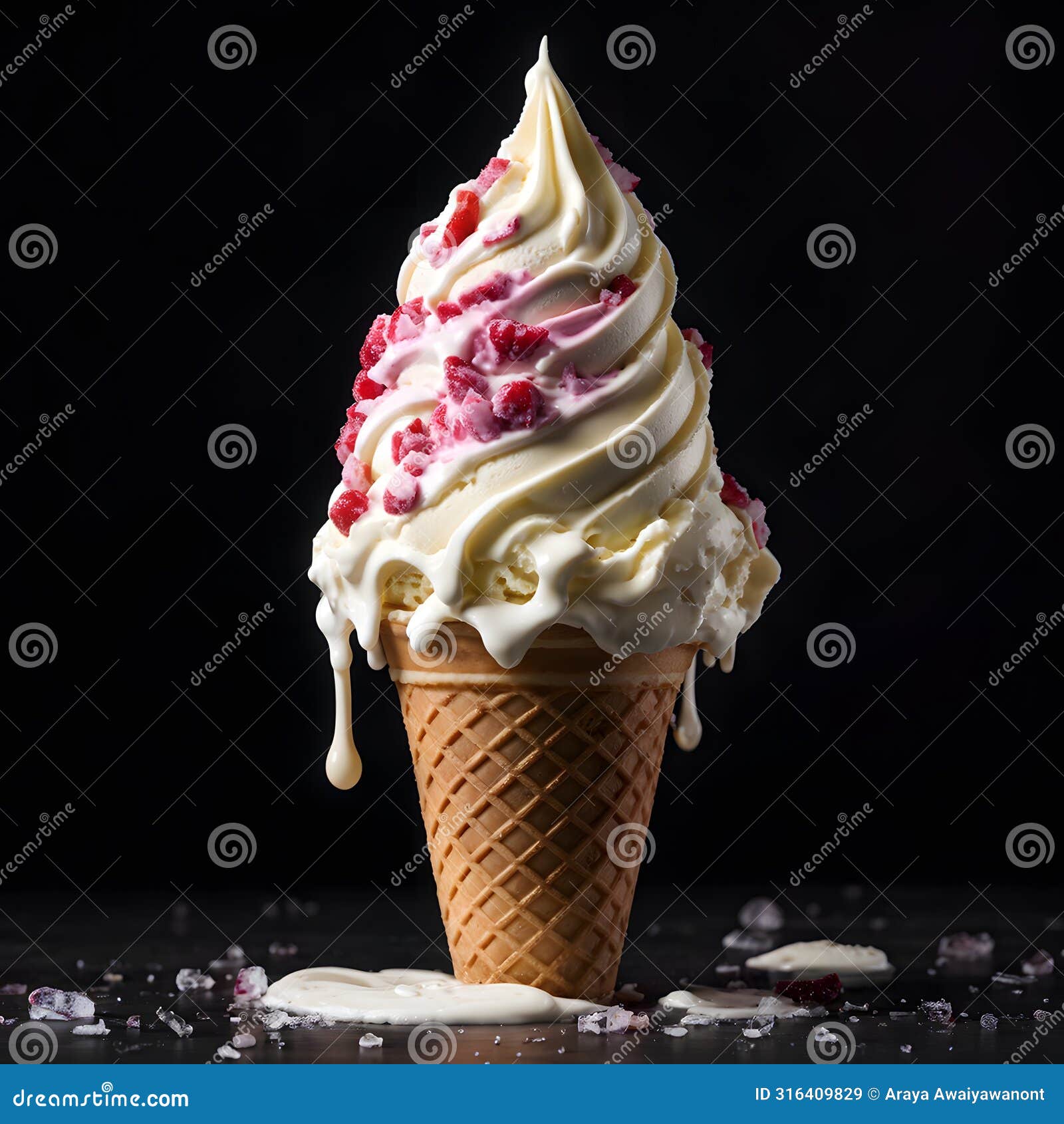 Raspberry Ice Cream Cone on Dark Background Stock Illustration ...