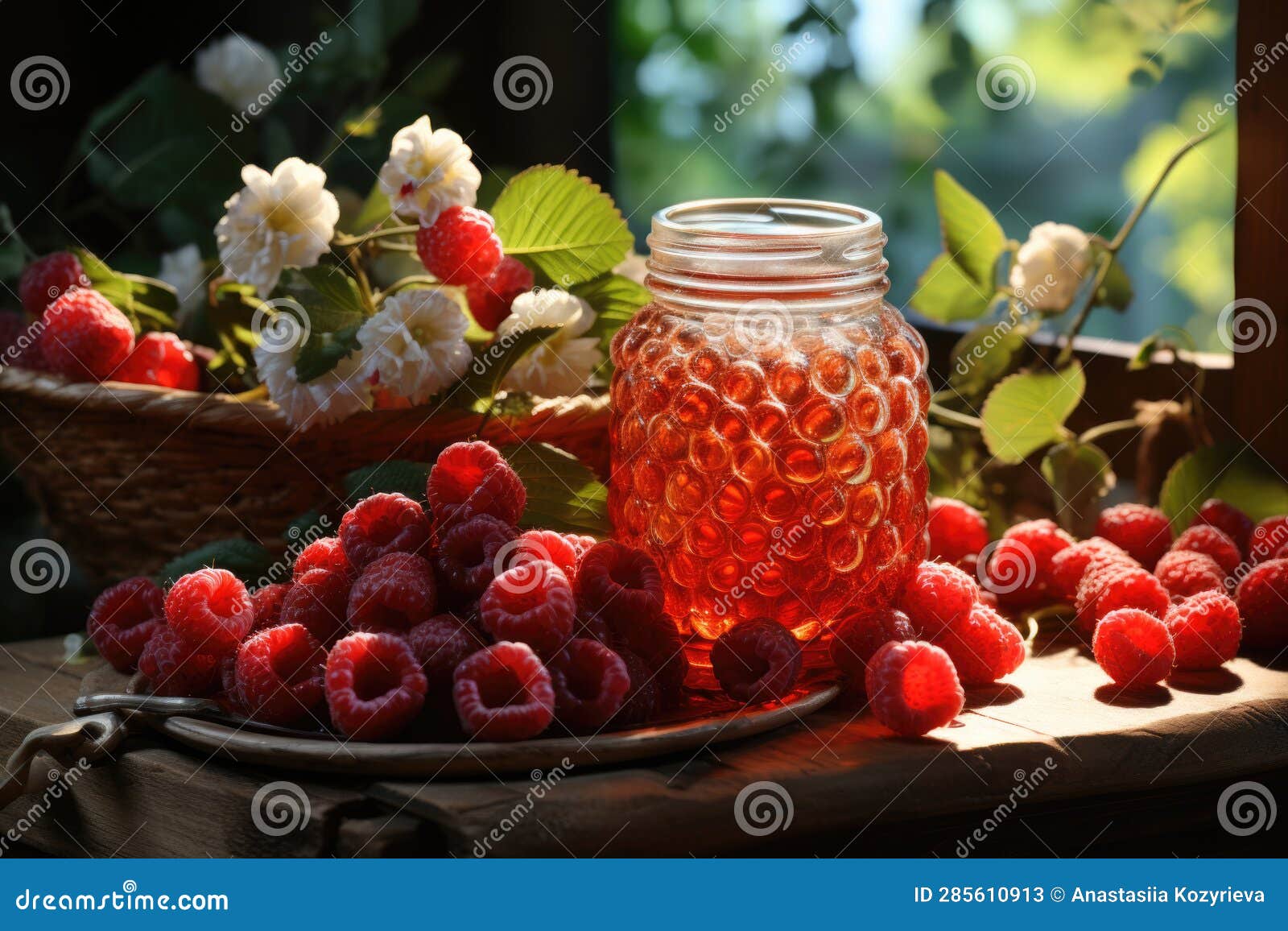 Raspberry Jam in a Glass Jar and Fresh Berries on a Wooden Table Stock ...