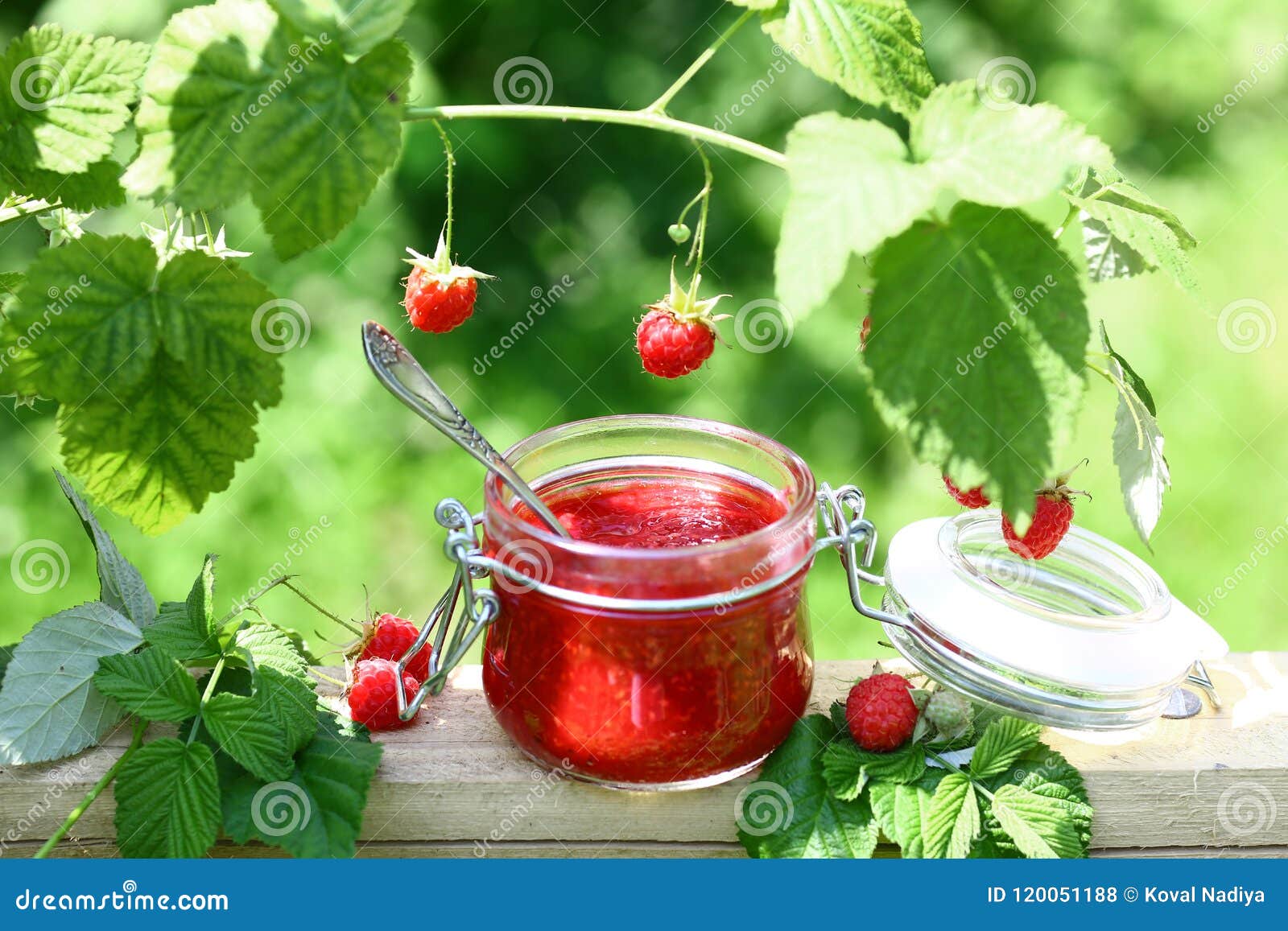 Raspberry Jam in a Glass Jar and Fresh Raspberry Outdoors, Selective ...