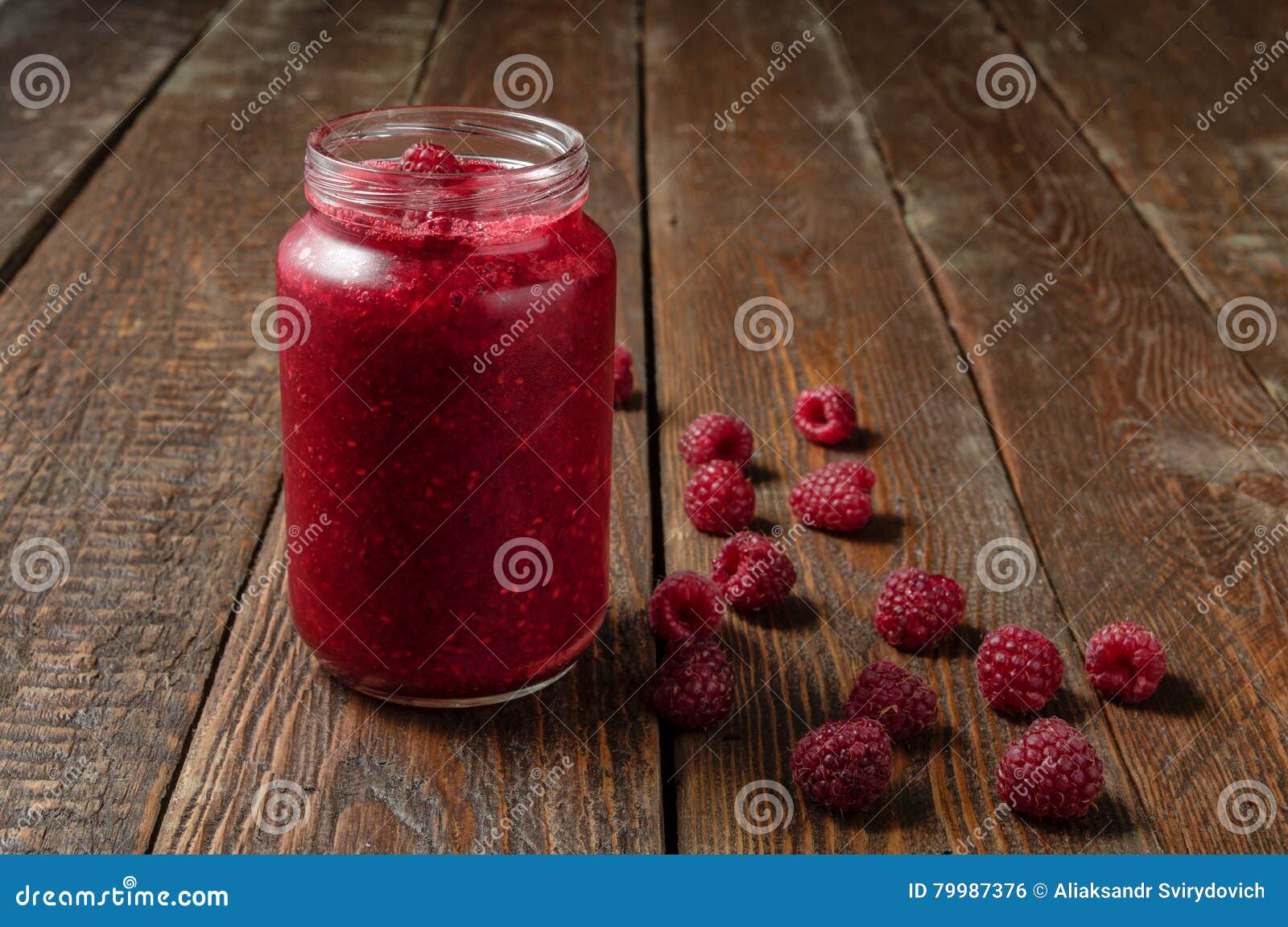 Raspberry Jam in Jar. Fresh Raspberry on Rustic Wood Table Stock Photo ...