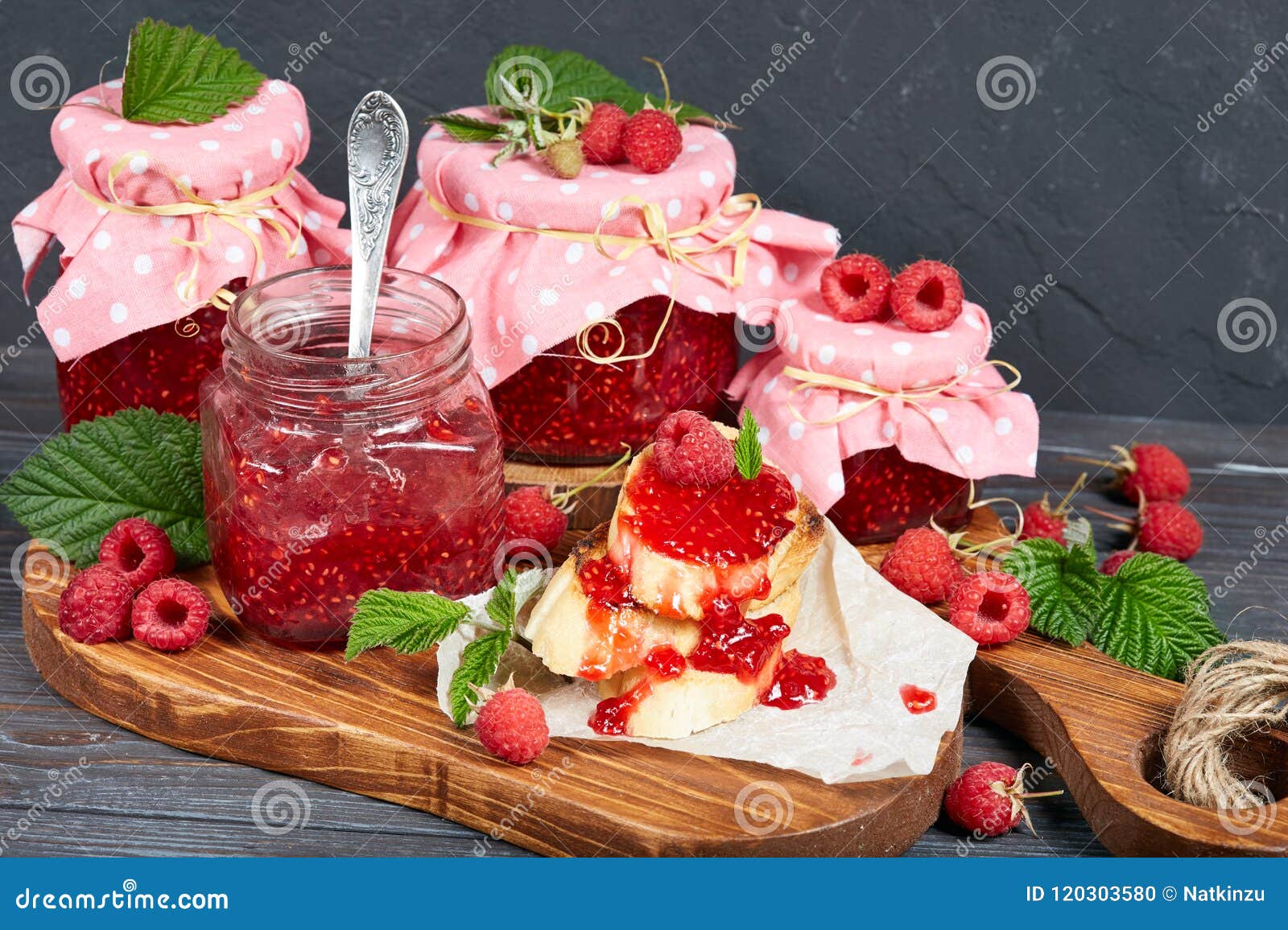 Raspberry Jam in Jars and Toasts with Jam Stock Photo - Image of ...