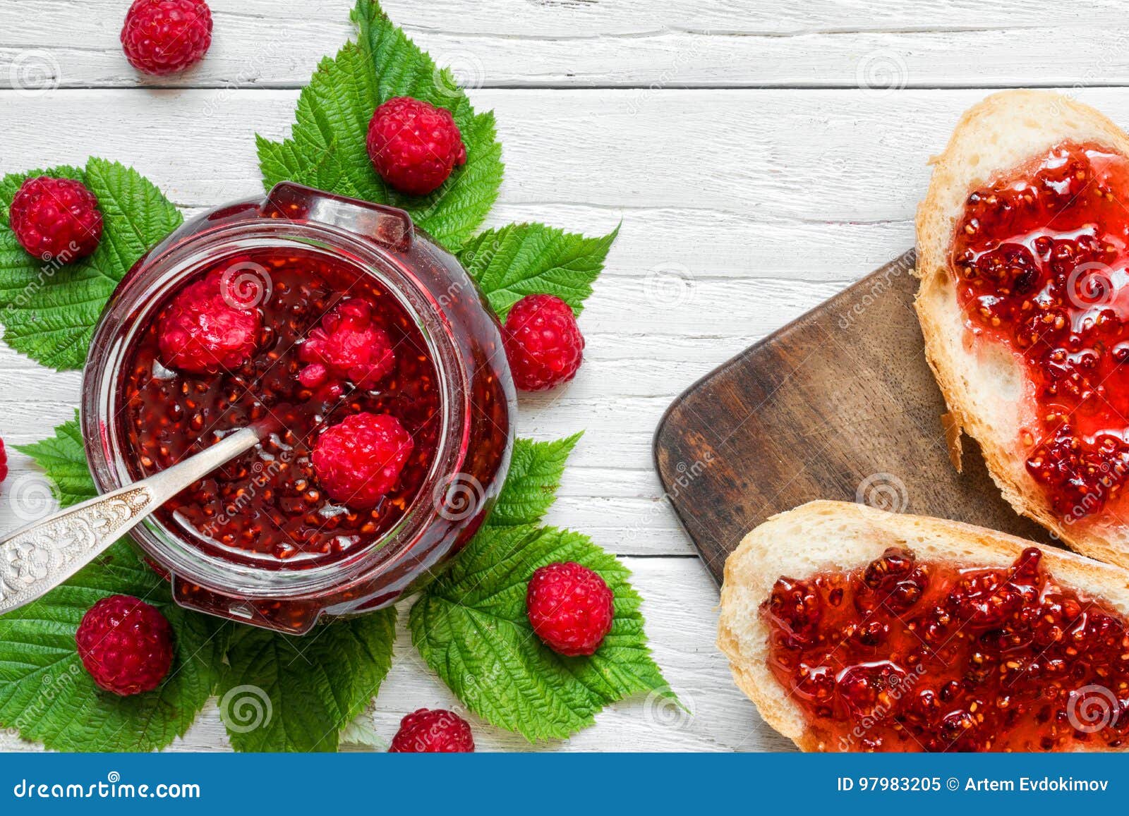 Raspberry Jam and Sandwiches with Fresh Raspberry on White Wooden Table ...