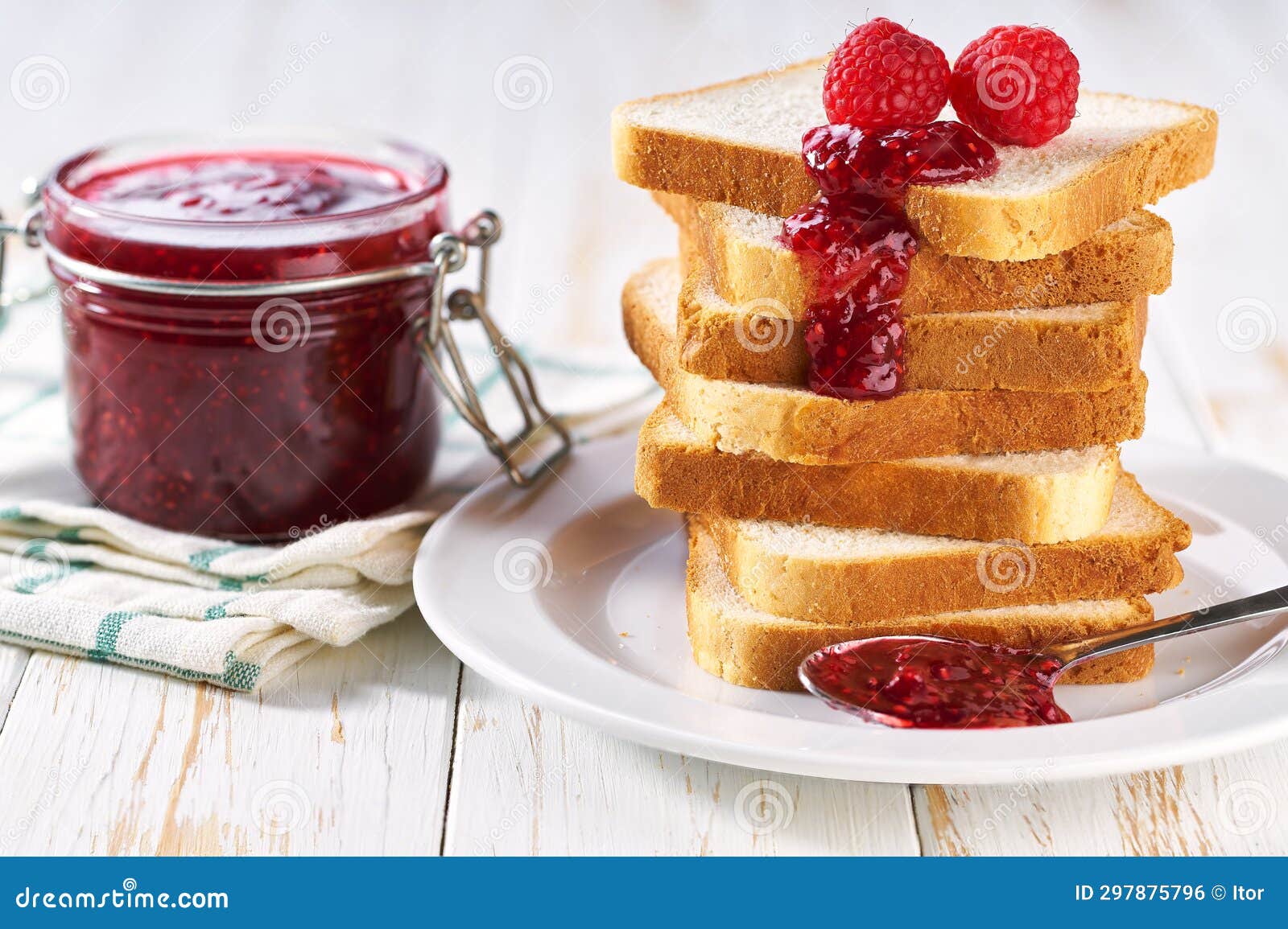 A Stack of Toast with Raspberry Jam on a Dish Close-up. Plate with ...