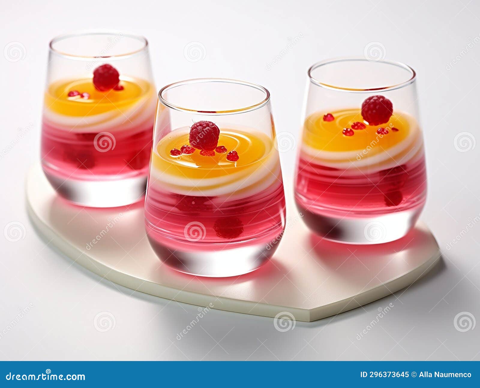 Raspberry Jelly Decorated with Panna Cotta Drizzle and Mint Leaves, on ...