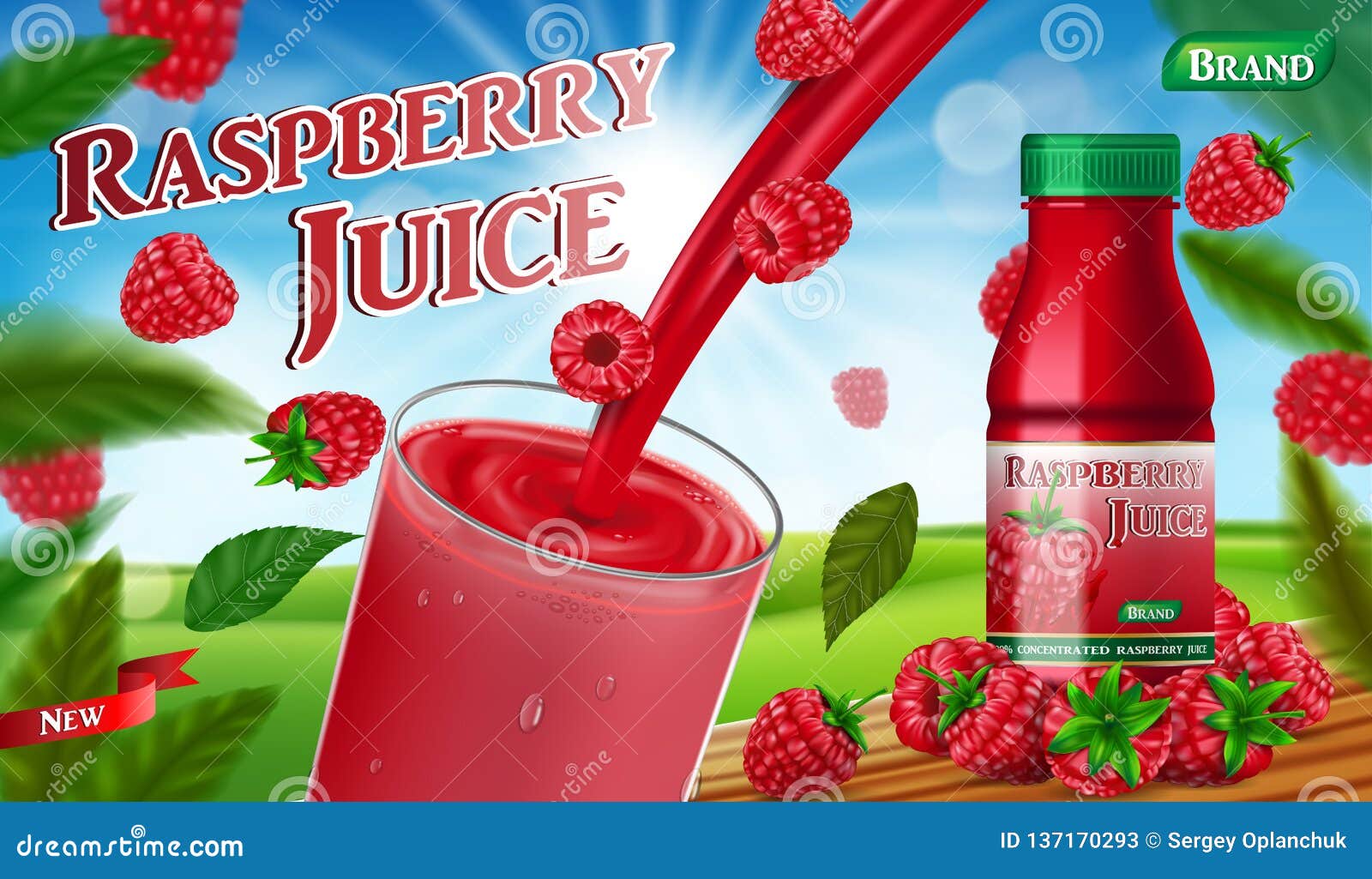 Raspberry Juice Bottle On Green Grass. Fruit Juice Container Package Ad ...
