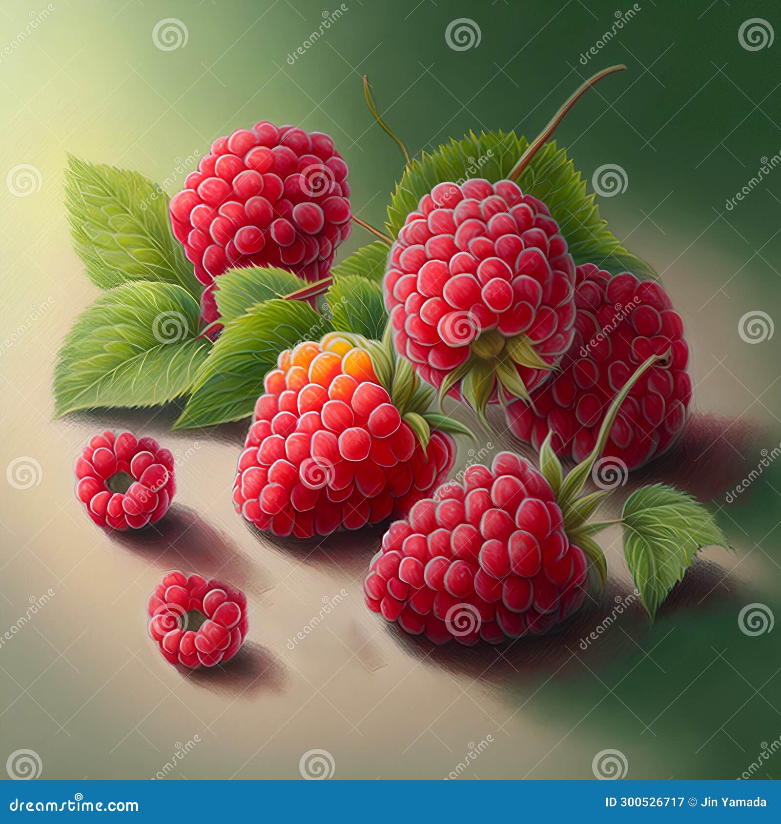 Raspberry with Leaves on a Green Background. 3d Illustration Stock ...
