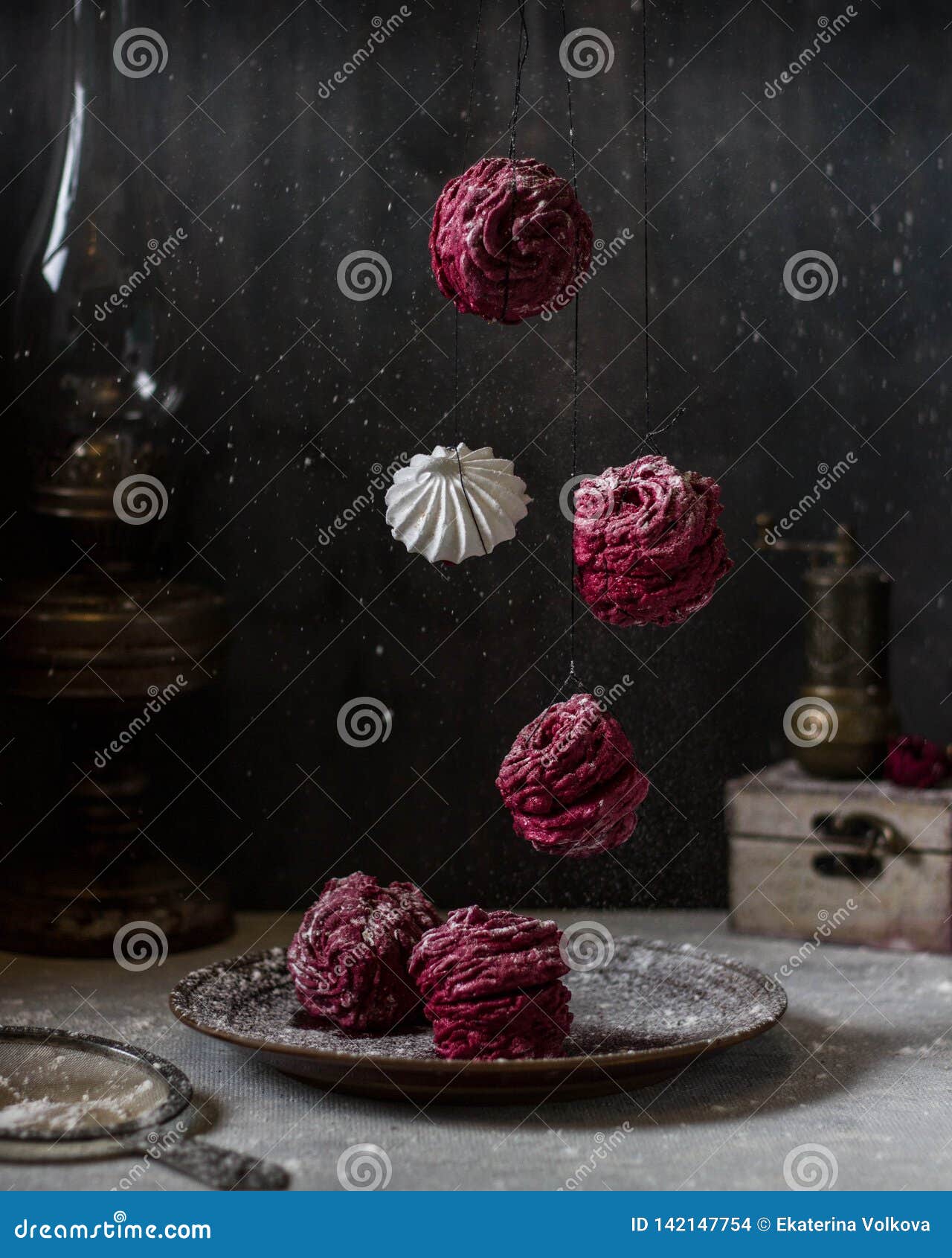 Raspberry Marshmallow Floating Above the Plate Stock Photo - Image of ...