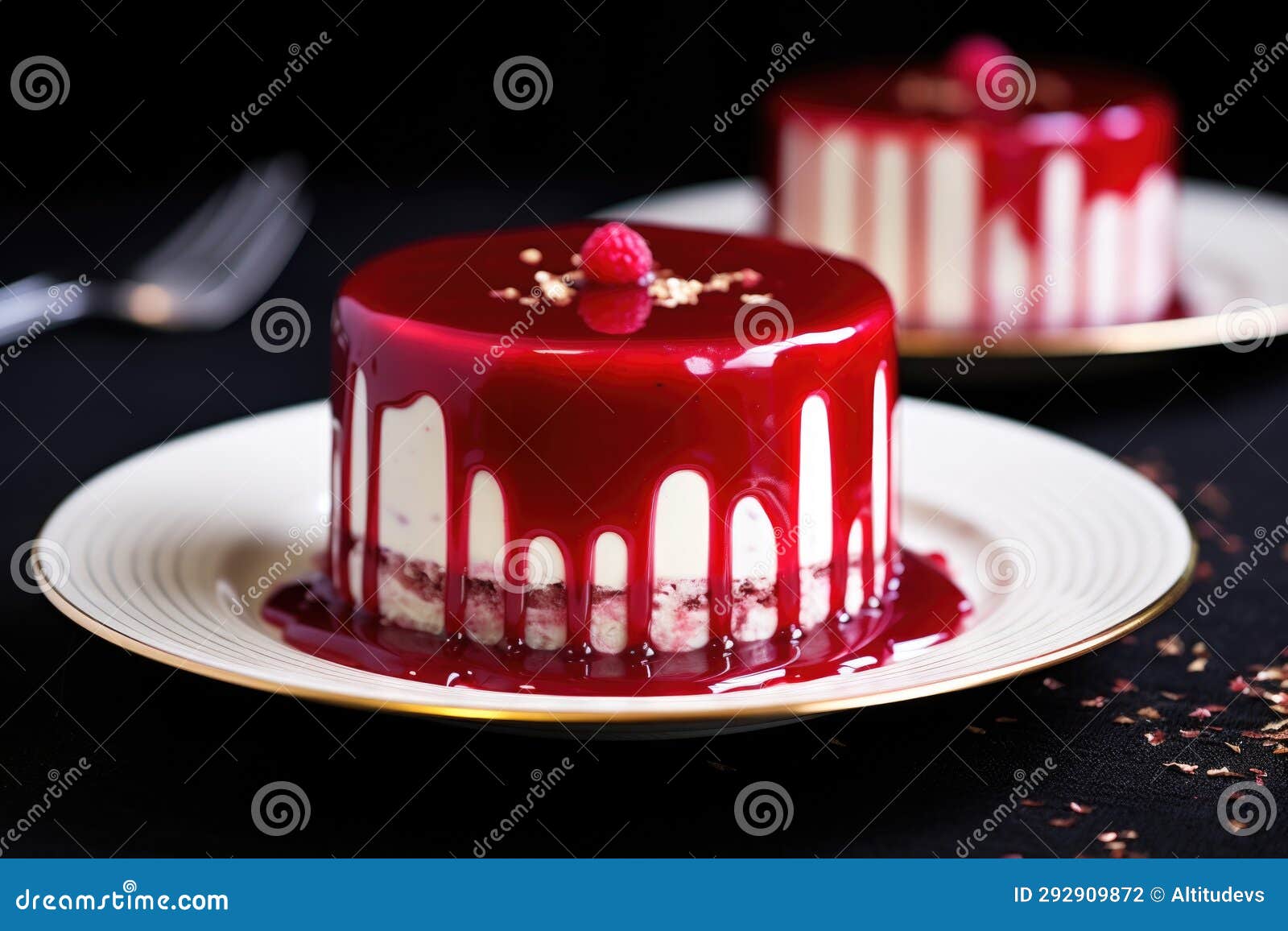 Raspberry Mousse Cake with a Raspberry Coulis Drizzle Stock Photo ...