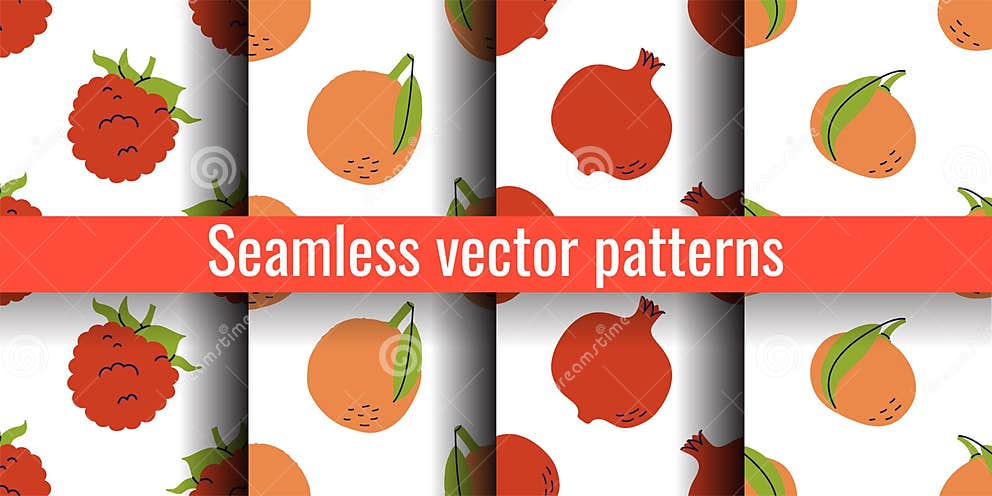 Raspberry, Orange, Pomegranate and Tangerine. Fruit Seamless Pattern ...